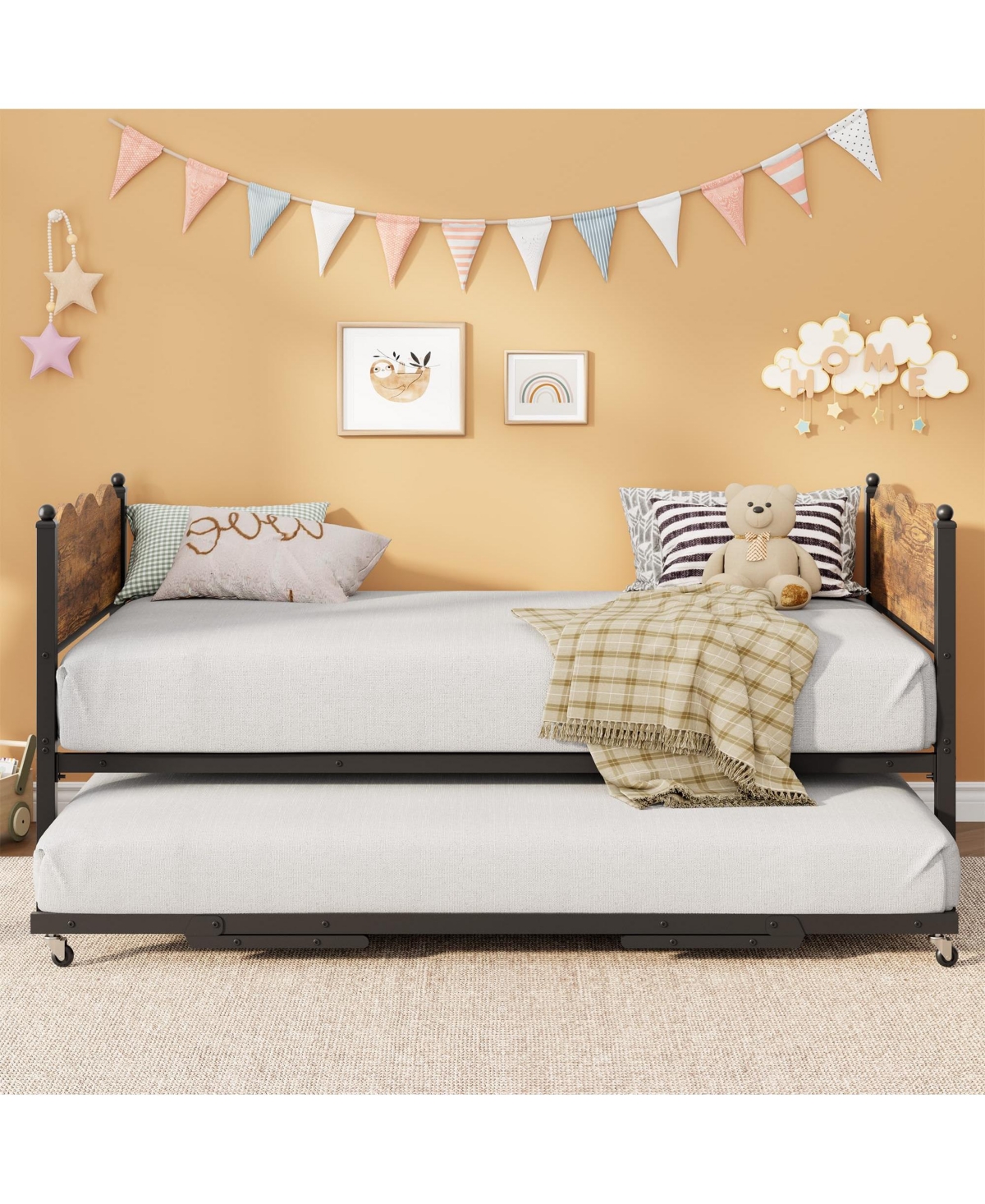 Click here for homfan Metal Daybed with Trundle  Wavy Wood-Grain... prices