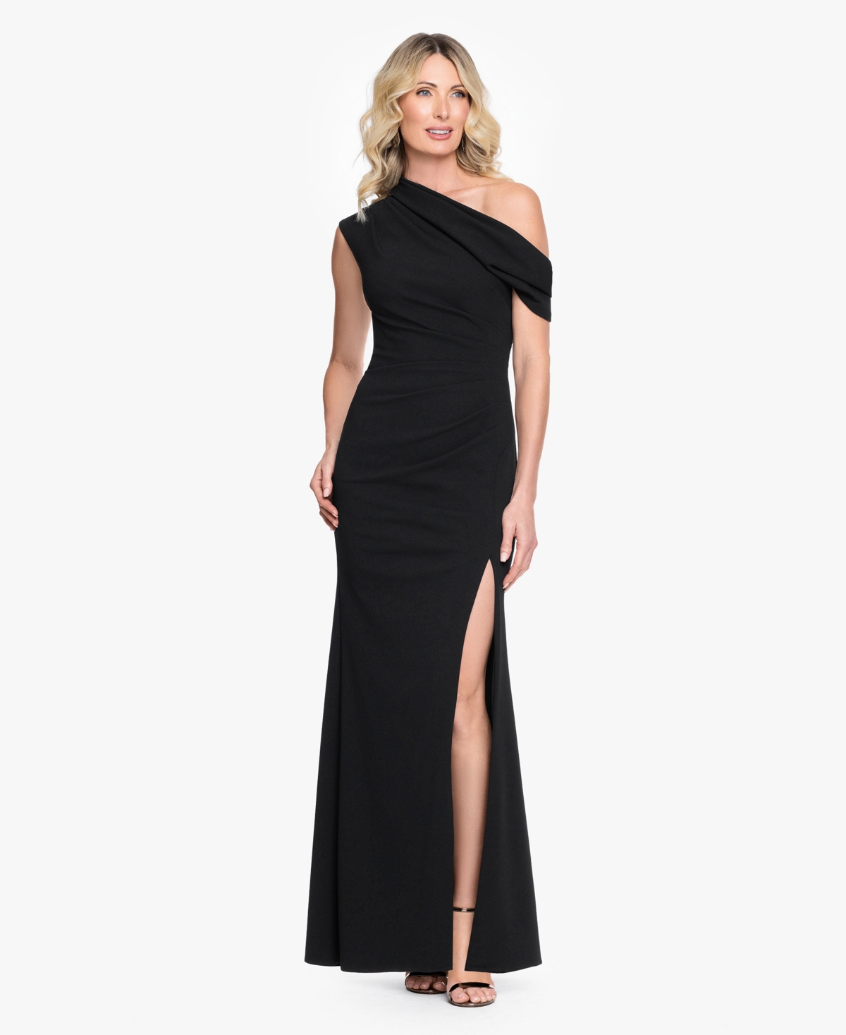 Click here for Xscape Womens One-Shoulder Draped Ball Gown - Blac... prices
