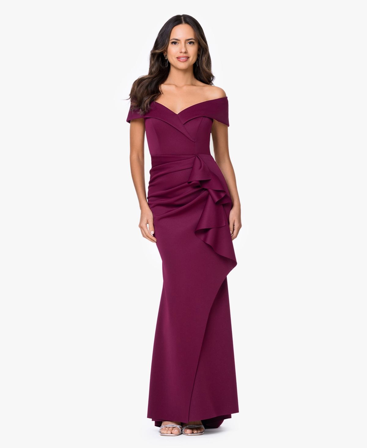 Click here for Xscape Scuba Off-The-Shoulder Gown - Raisin prices