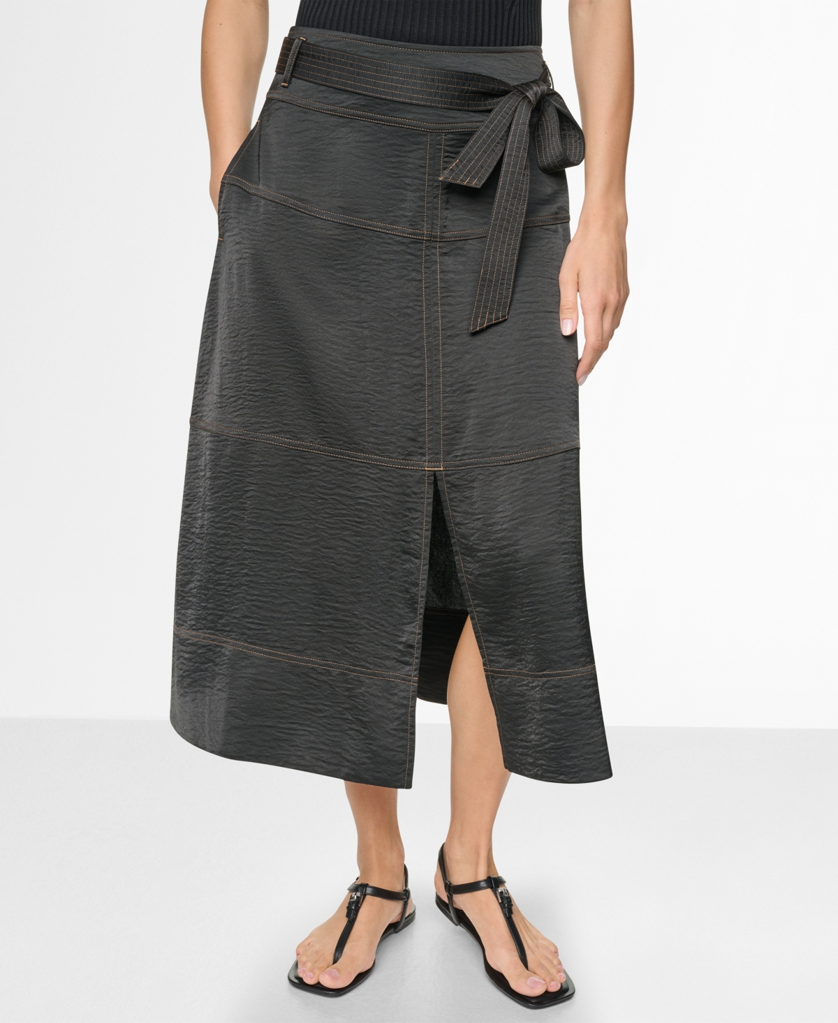 Click here for Dkny Womens Tie-Waist Contrast Stitch Skirt - Blac... prices