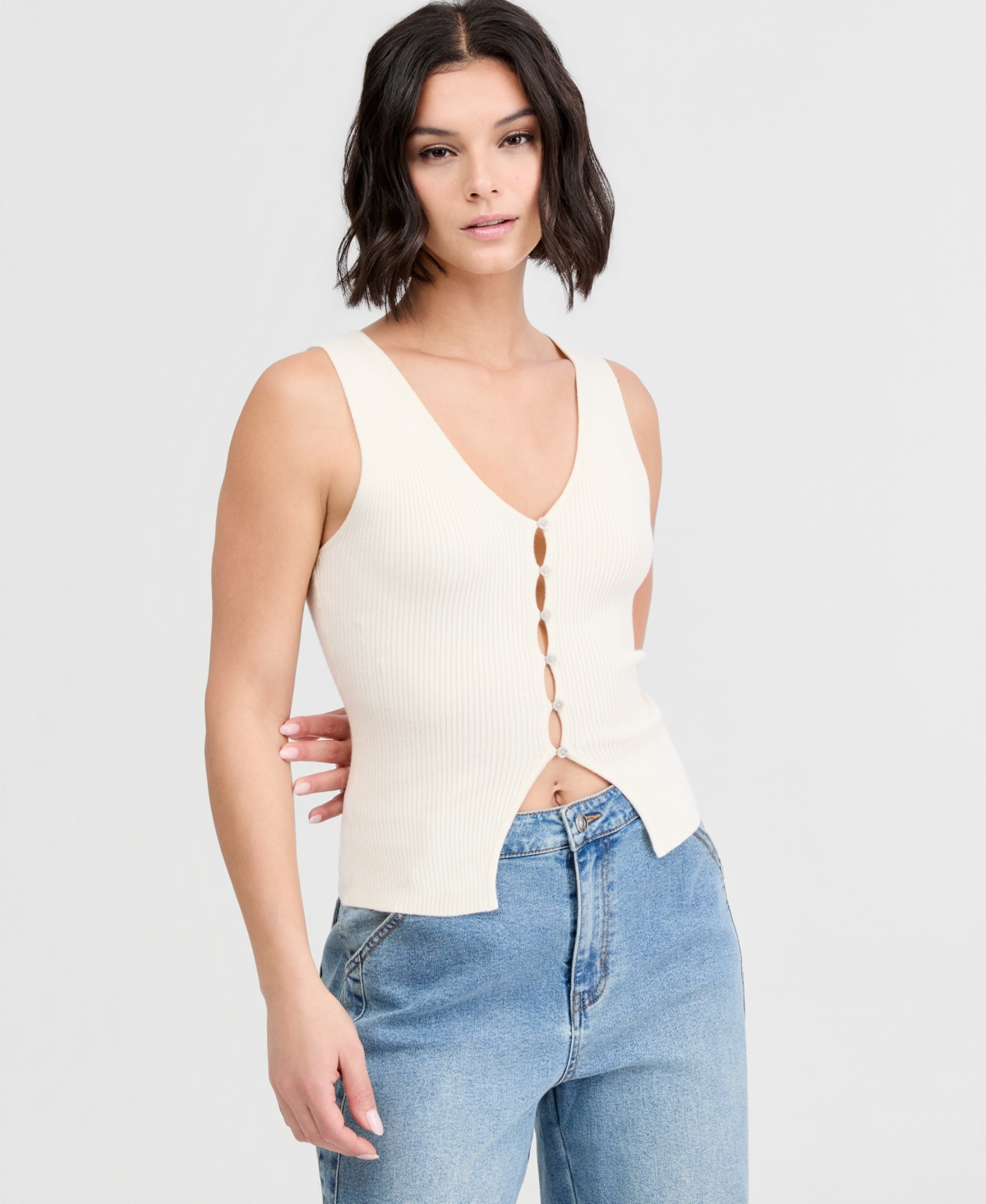 Click here for Bar Iii Womens Ribbed Button-Front Top  Macys Excl... prices