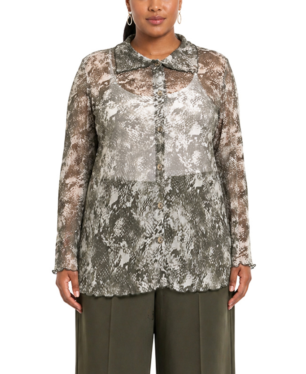 Click here for Coin 1804 Plus Size Python Mesh Button-Front Shirt... prices
