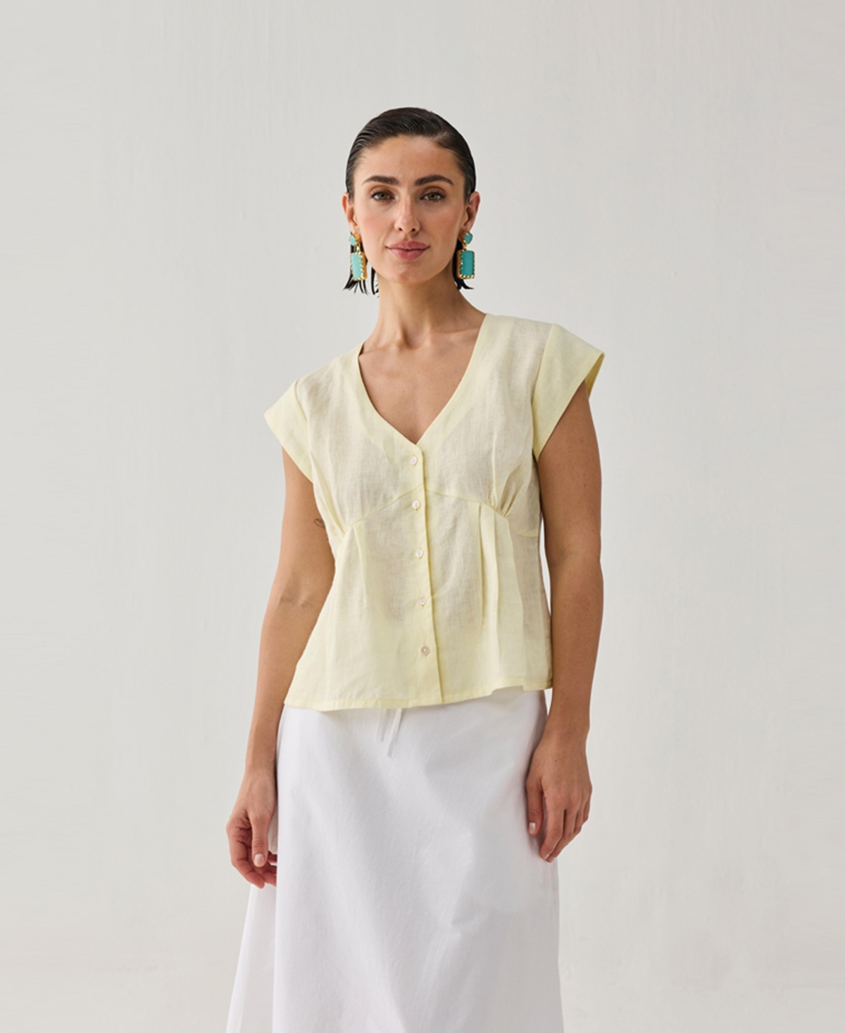 Click here for Reistor Womens Butter Yellow Linen Deep V-Neck Top... prices