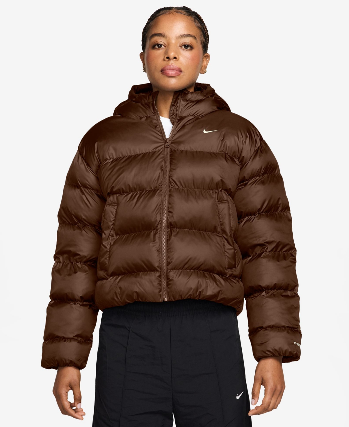 Click here for Nike Womens Hooded Therma-fit Puffer Jacket - Caca... prices