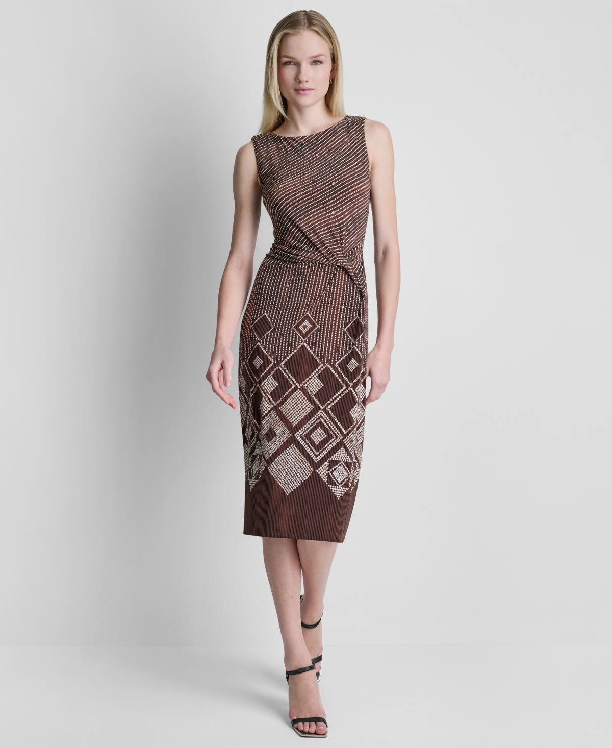 Click here for Dkny Womens Sleeveless Side Knot Midi Dress - Burn... prices