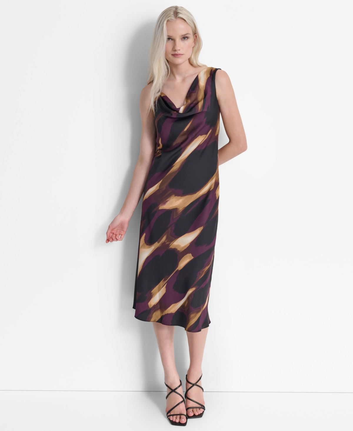 Click here for Dkny Womens Printed Cowl Neck Midi Dress - Black/R... prices