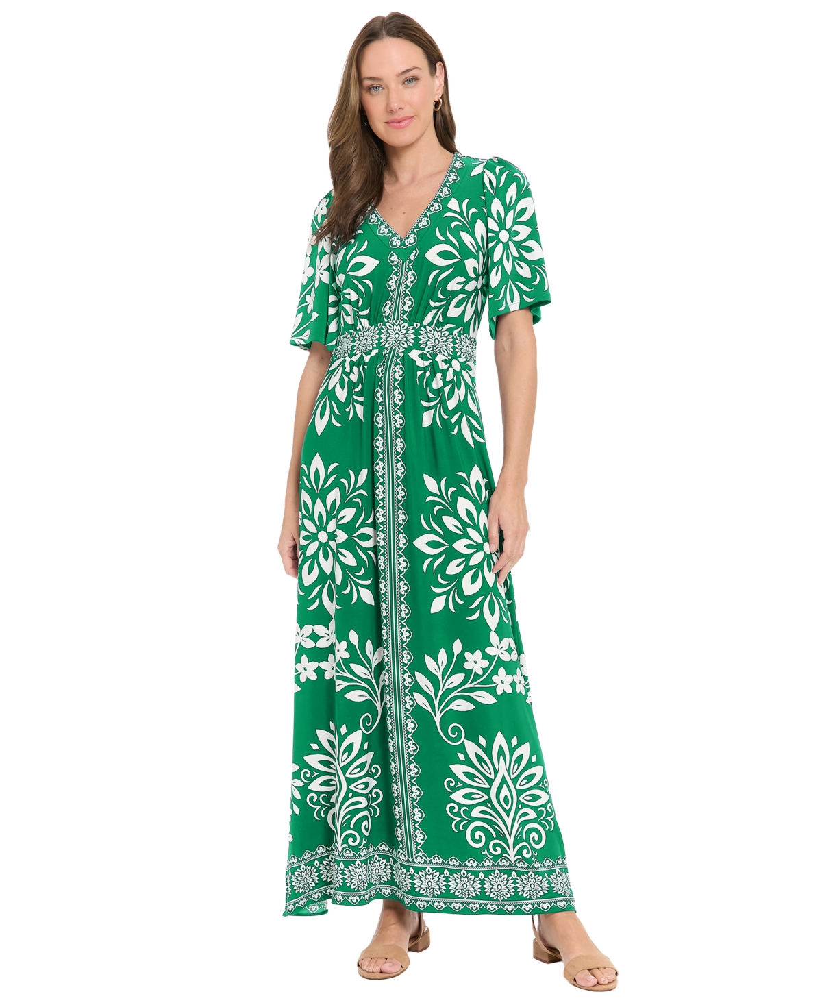 Click here for London Times Womens V-Neck Maxi Dress - Green/Whit... prices