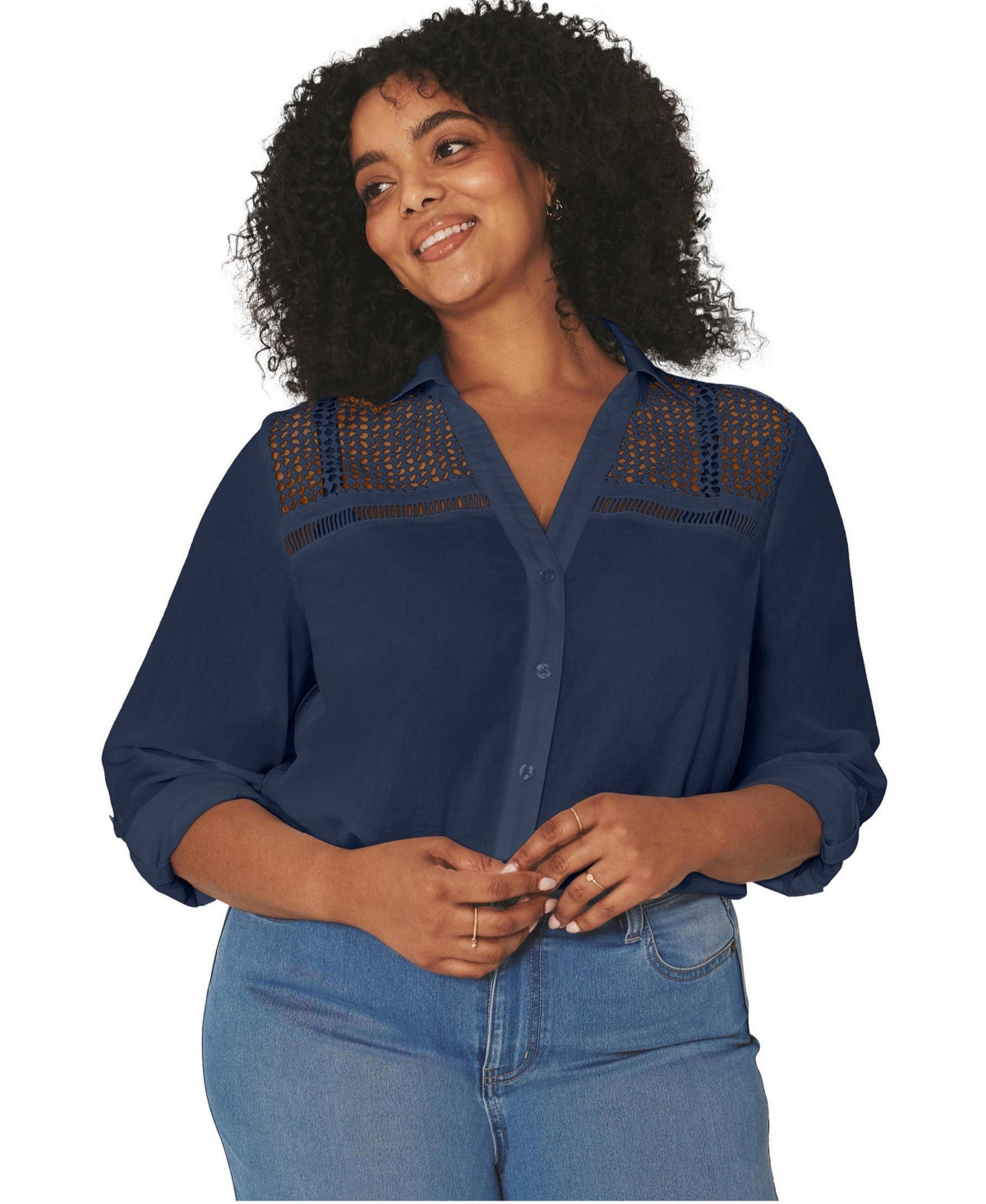 Click here for Avenue Womens Long Sleeve Lace Detail Shirt - Navy prices