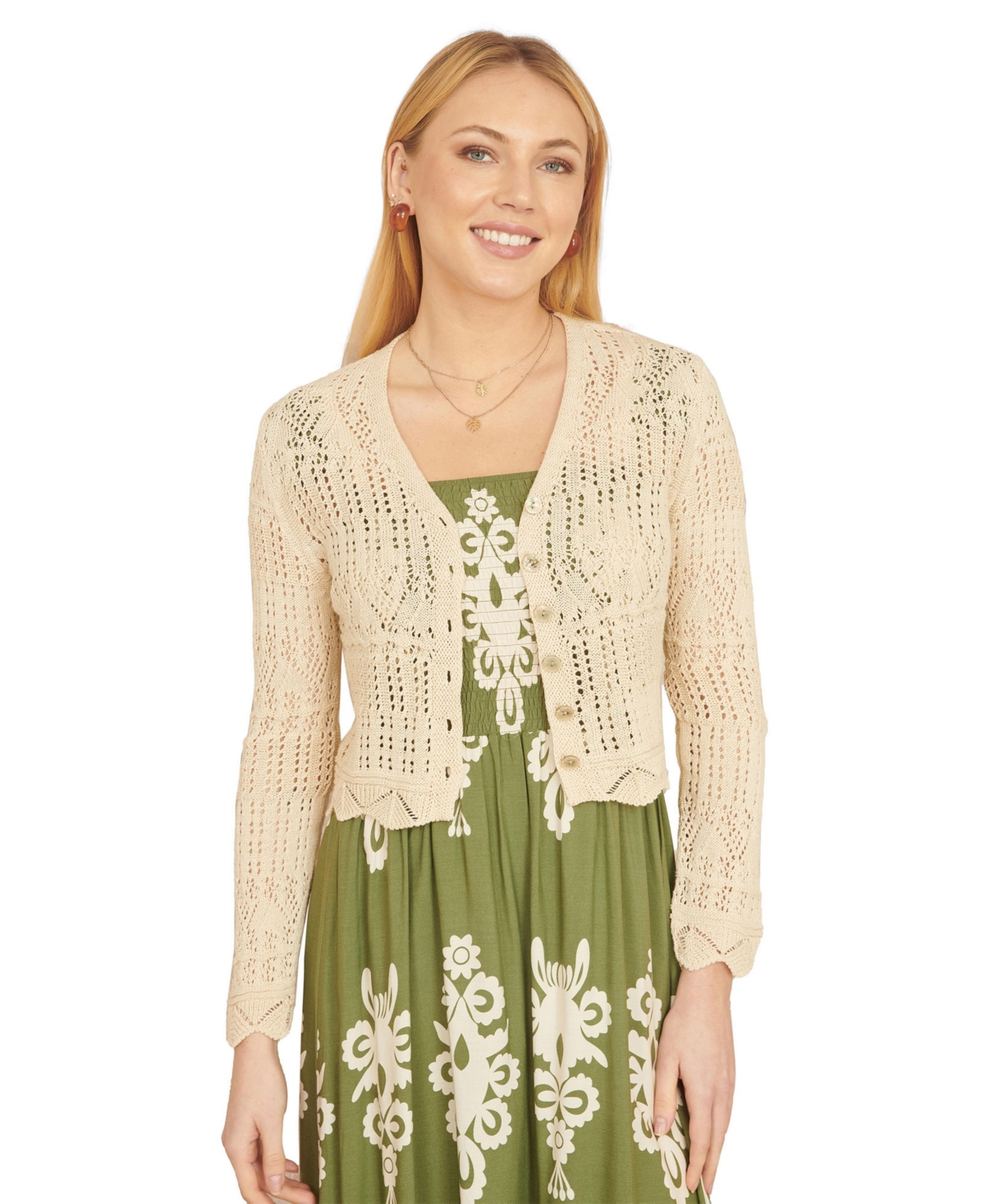 Click here for Yumi Womens Crochet Knitted Cropped Cardigan - Bei... prices