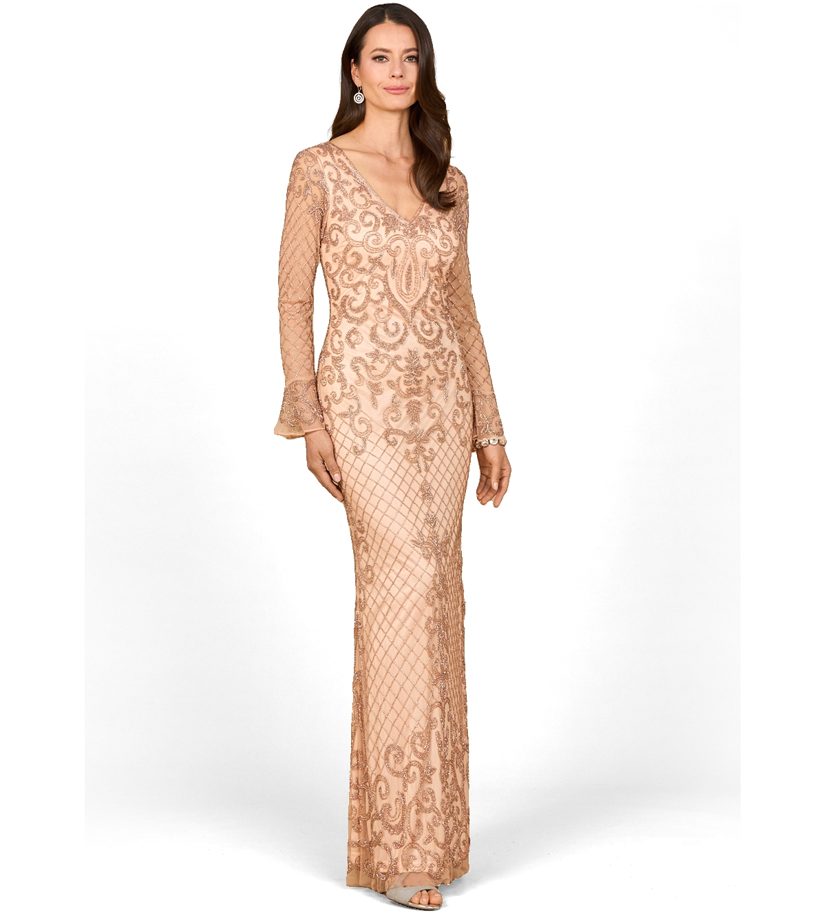 Click here for Lara Womens Beaded Long Sleeve V-Neck Gown - Blush prices