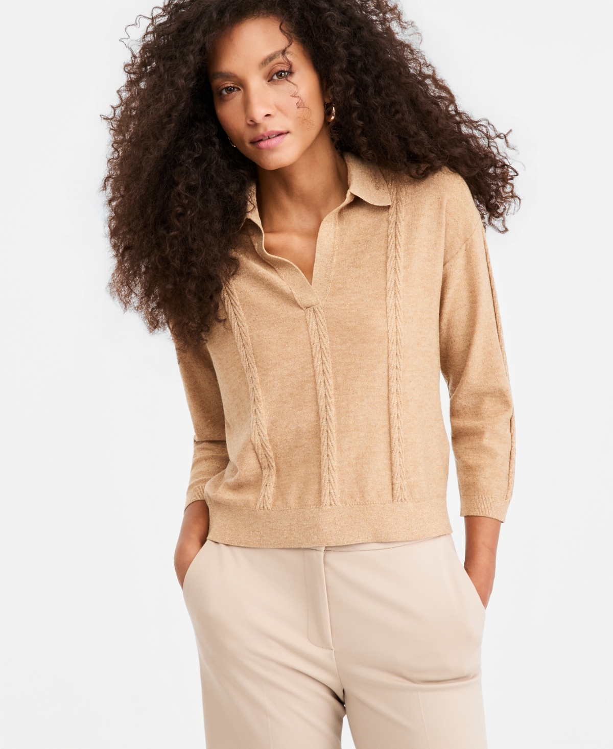 Click here for Emme Marella Womens Emmdonata Cable-Knit Polo Sequ... prices