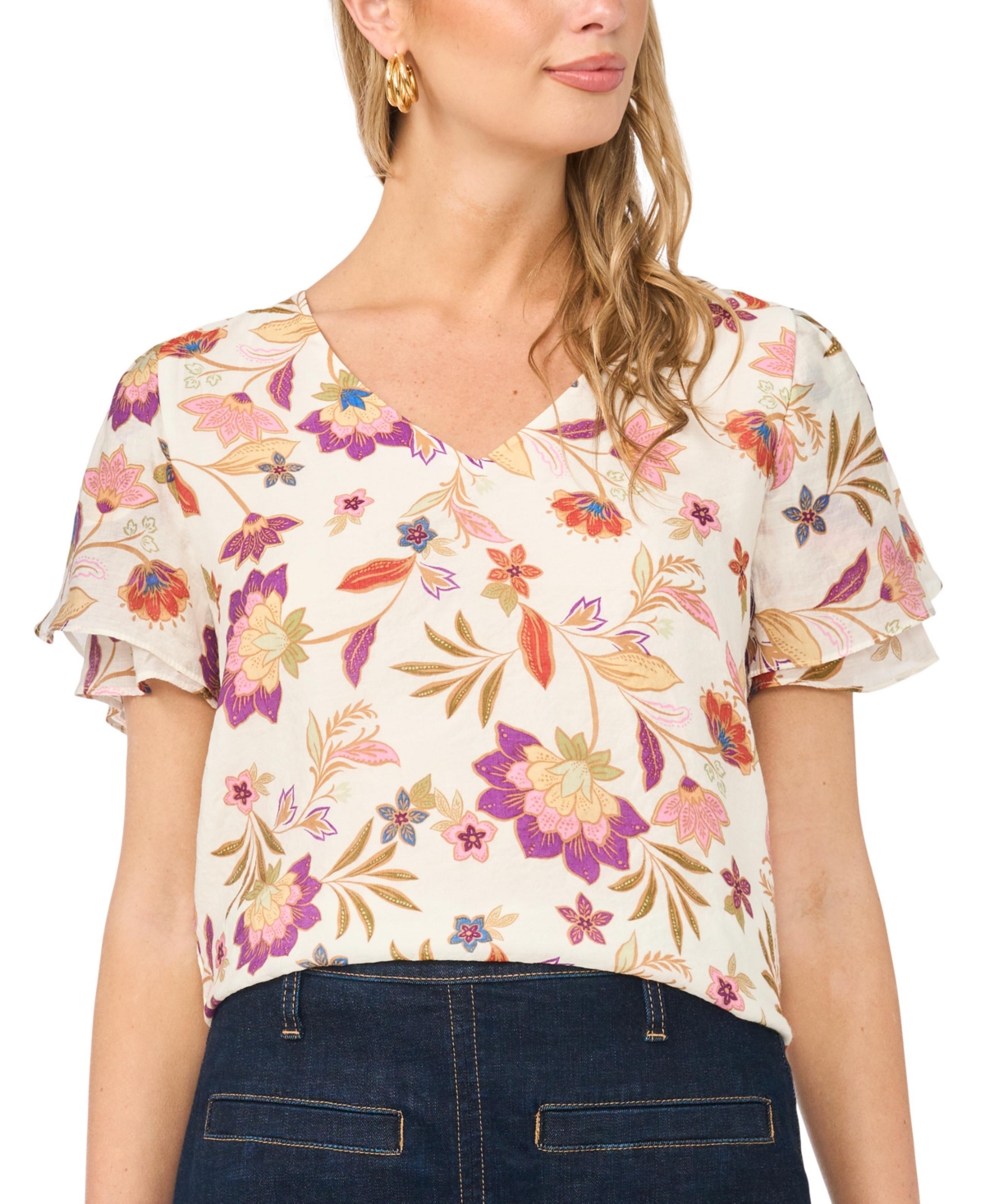 Click here for Vince Camuto Womens Printed V-Neck Ruffle Seam Top... prices