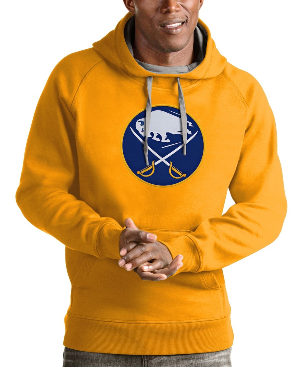 Click here for Antigua Mens Gold Buffalo Sabres Logo Victory Pull... prices