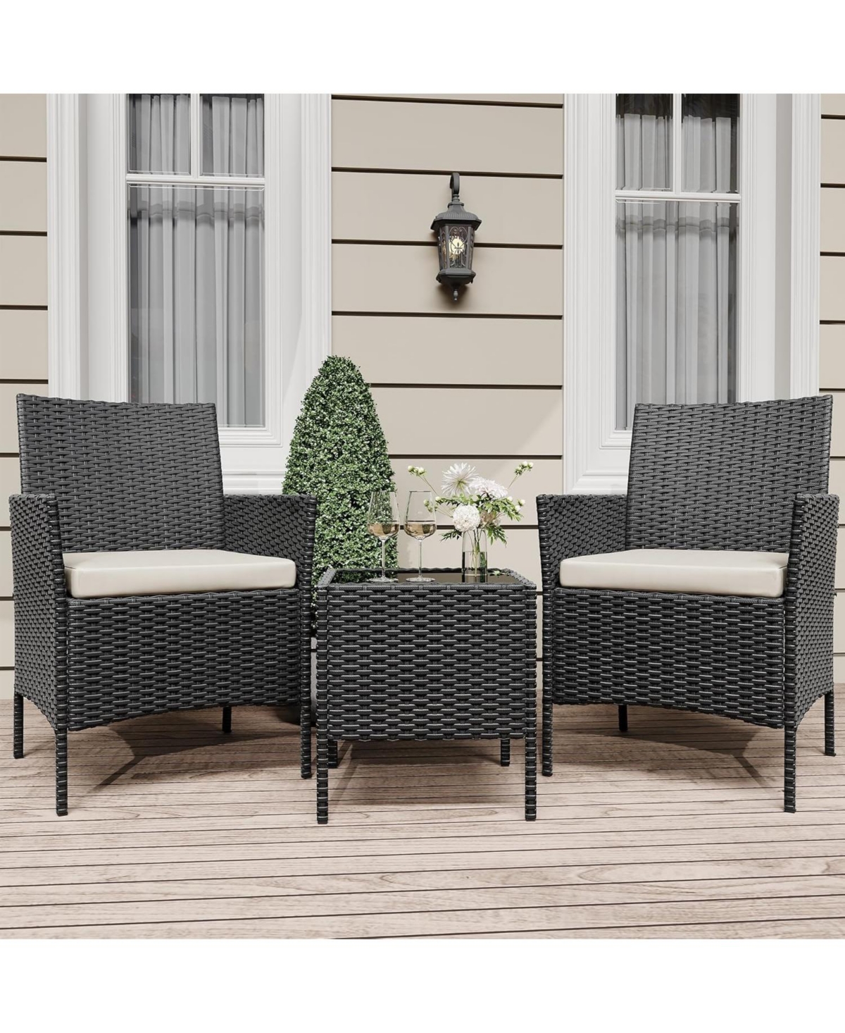 Click here for gaomon Wicker Bistro Set with Glass Table - Beige/... prices