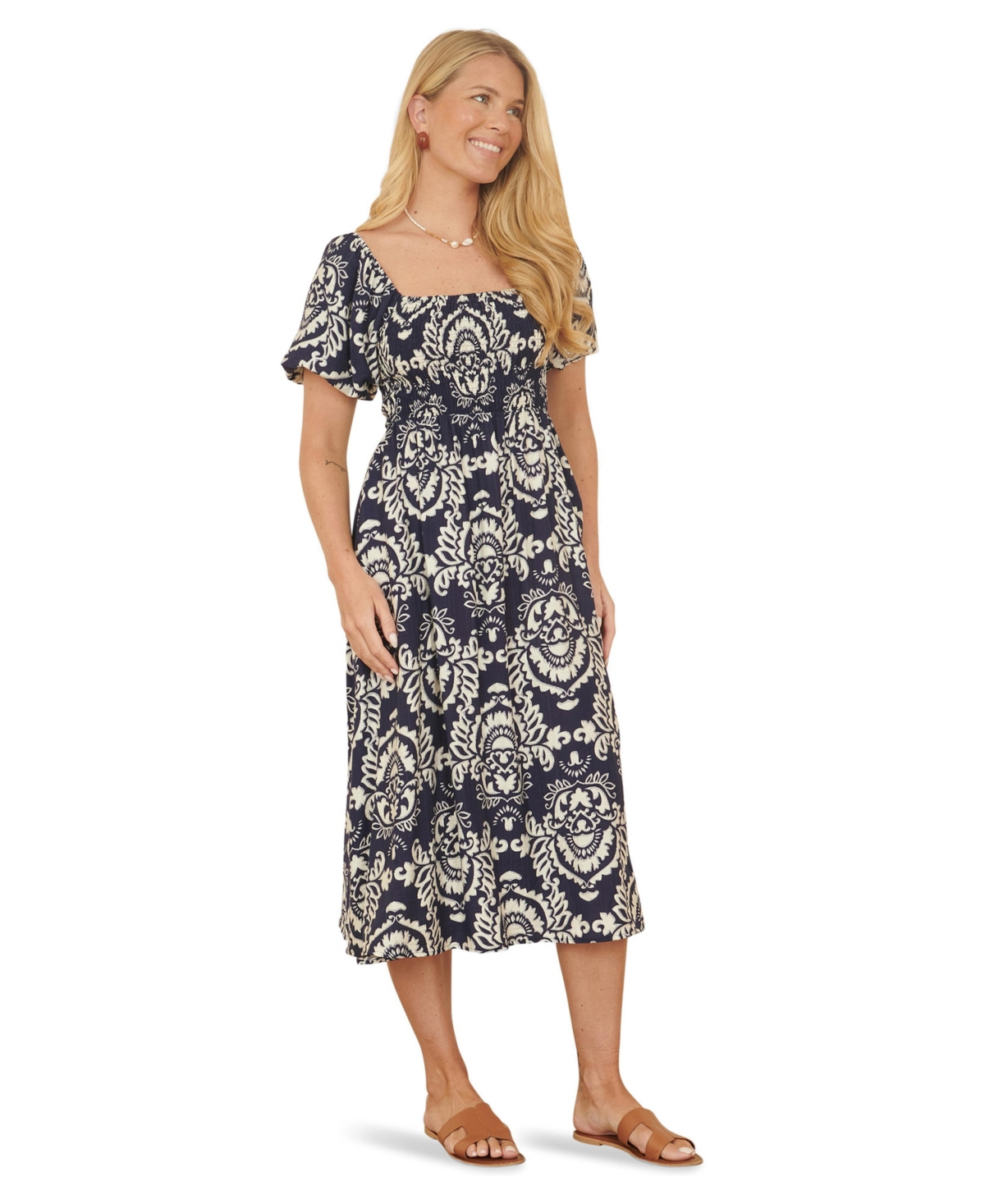 Click here for Yumi Womens Aztec Print Ruched Midi Dress - Navy prices