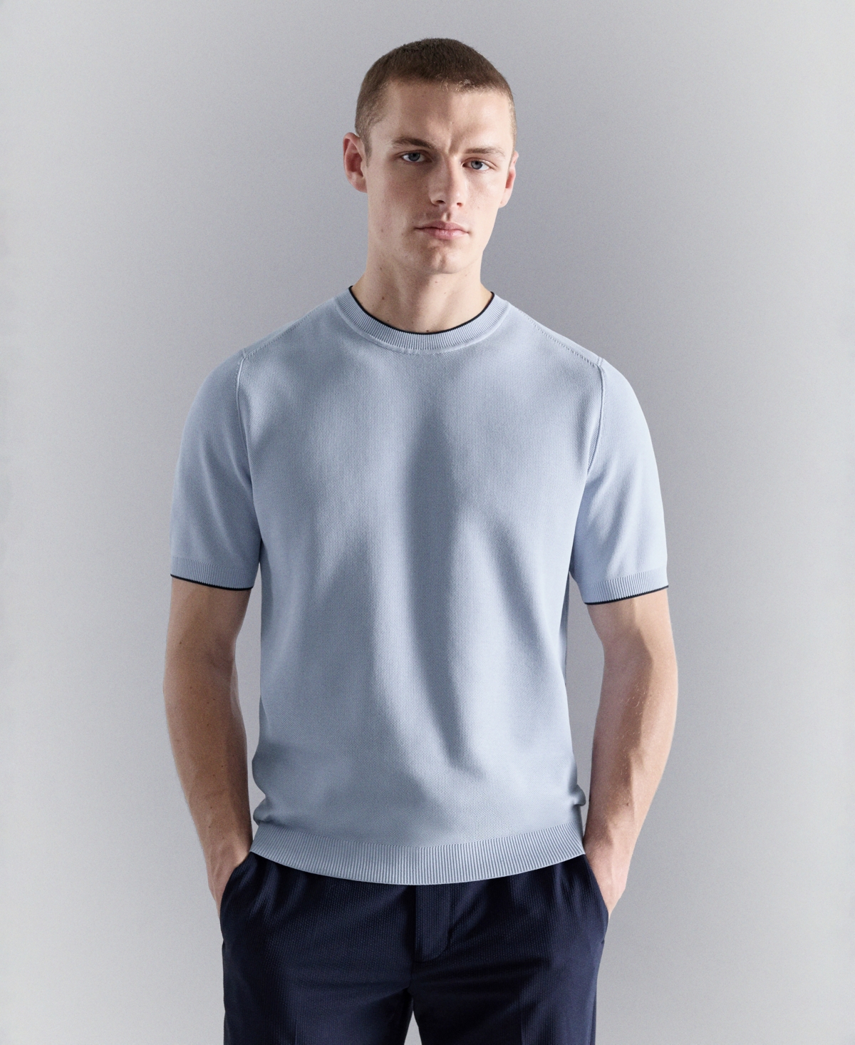 Click here for Mango Mens Combined Knitted T-Shirt - Sky Blue prices