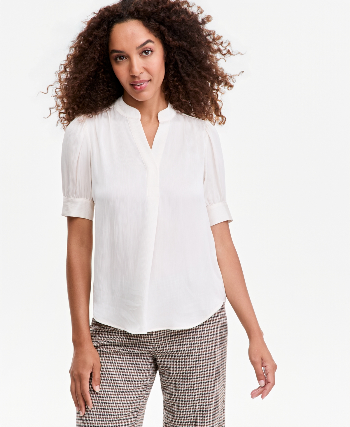 Click here for Anne Klein Womens Split-Neck Puffed-Sleeve Top - W... prices