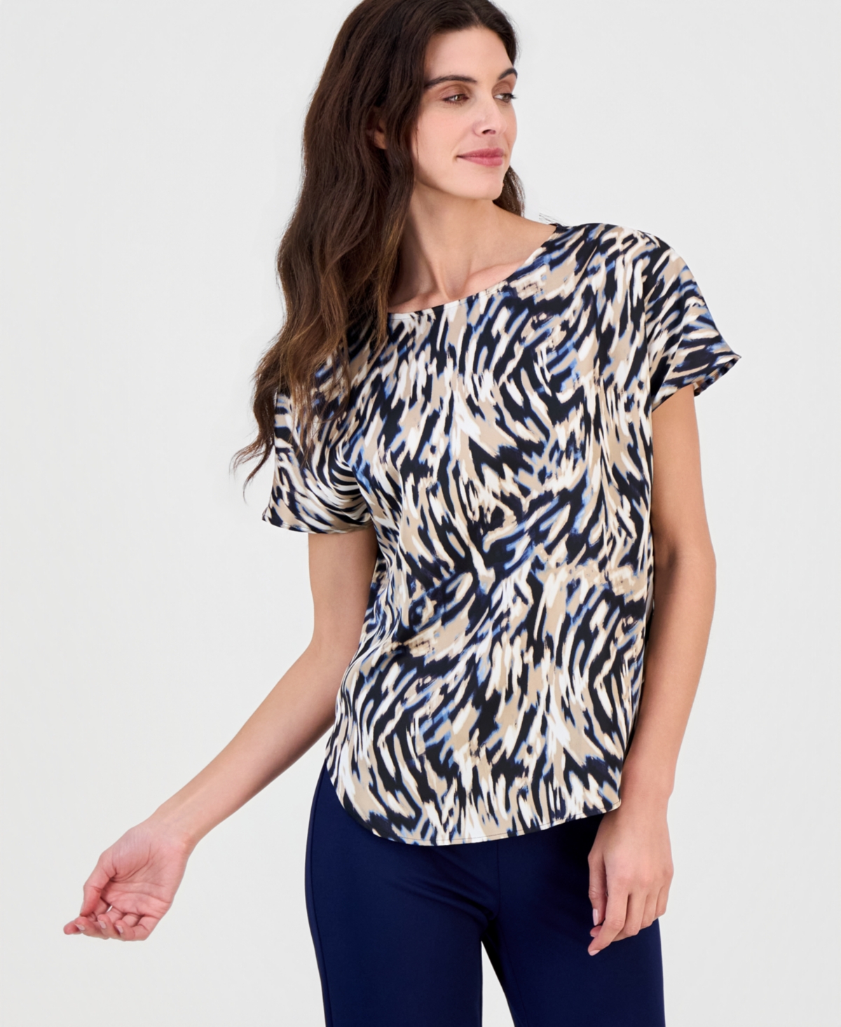 Click here for Anne Klein Womens Printed Boat-Neck Short-Sleeve T... prices