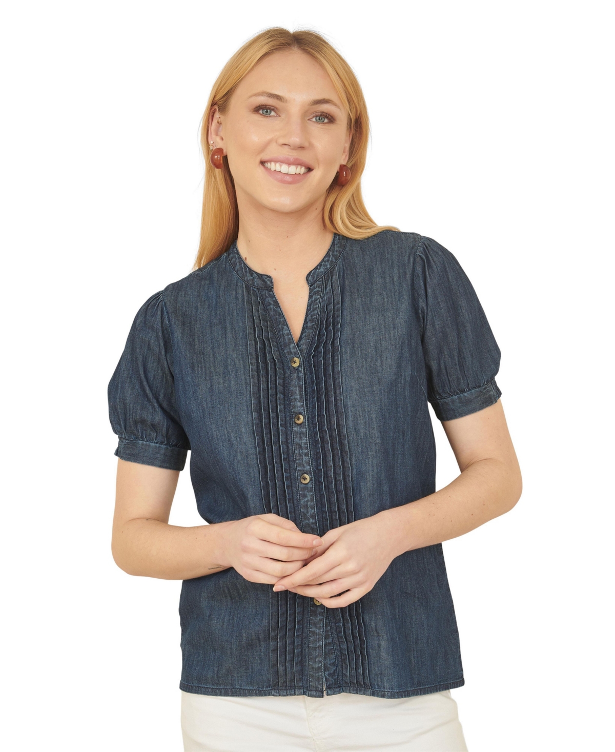 Click here for Yumi Womens Chambray Pleated Denim Shirt - Blue prices