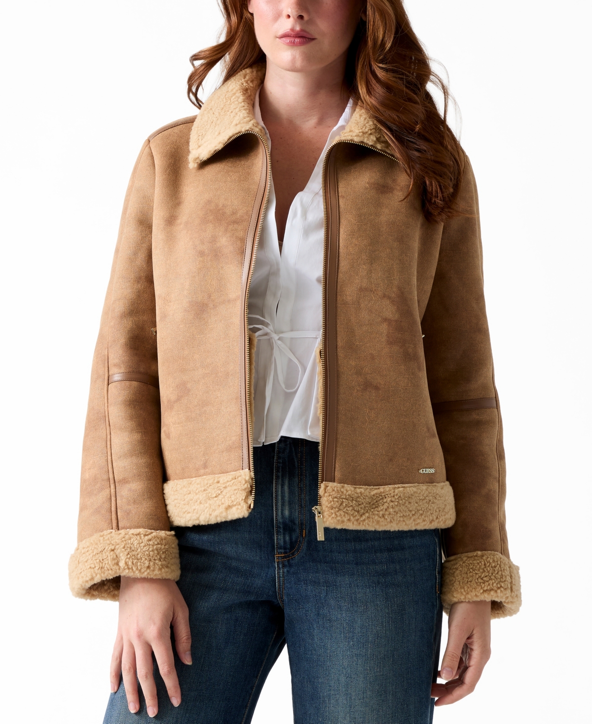 Click here for Guess Womens Faux Shearling Zip Up Jacket - Tan prices