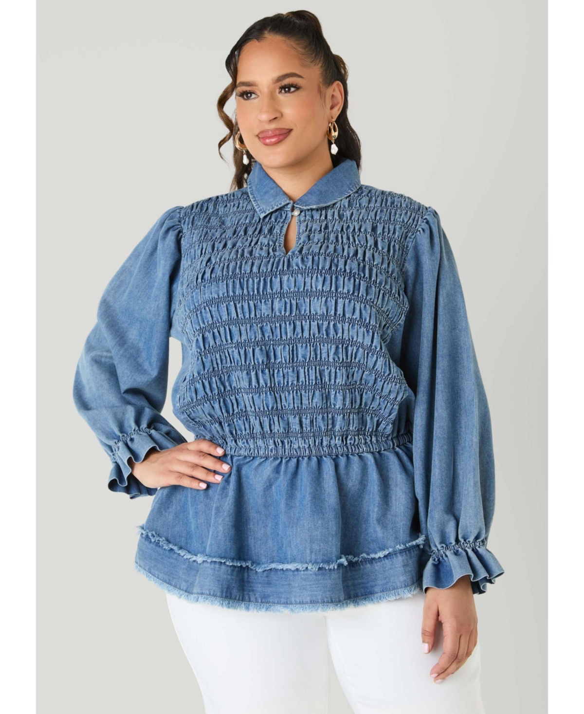 Click here for Ashley Stewart Womens Plus Size Smocked Denim Pepl... prices