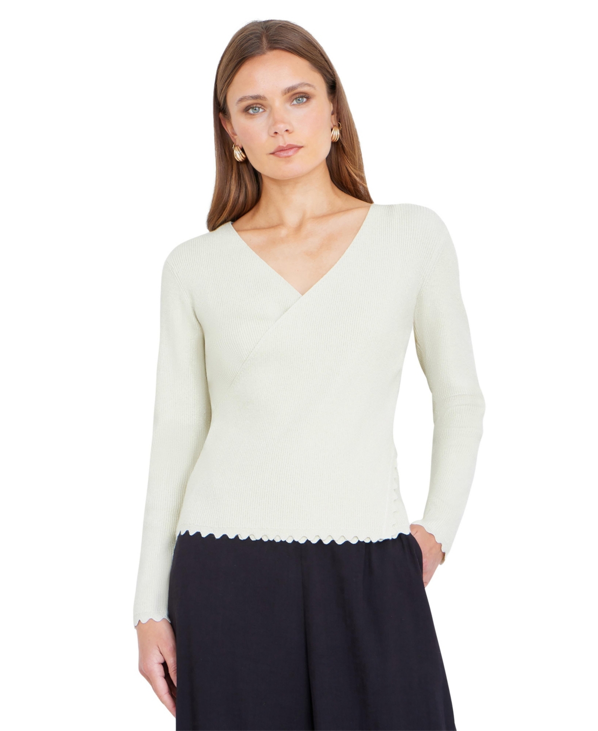 Click here for Yumi Womens Metallic Thread Rib Wrap Knitted Top -... prices