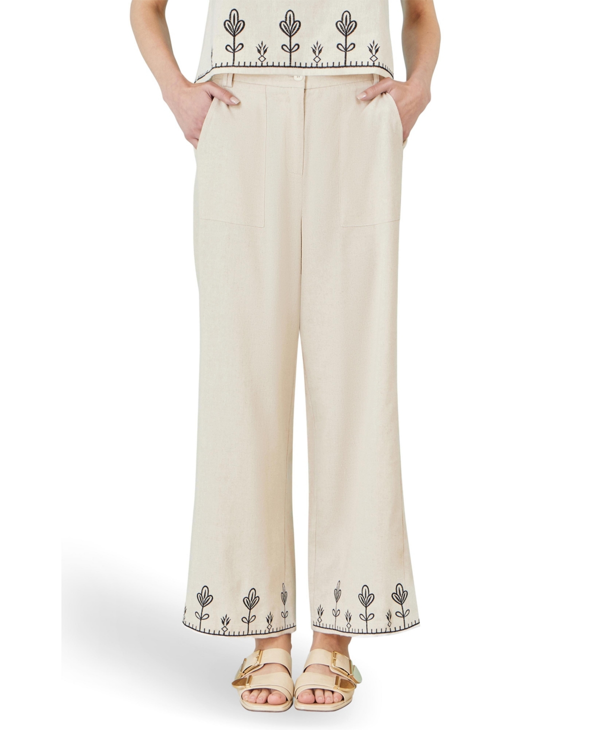 Click here for Yumi Womens Linen Mix Embroirdered Trousers - Ivor... prices