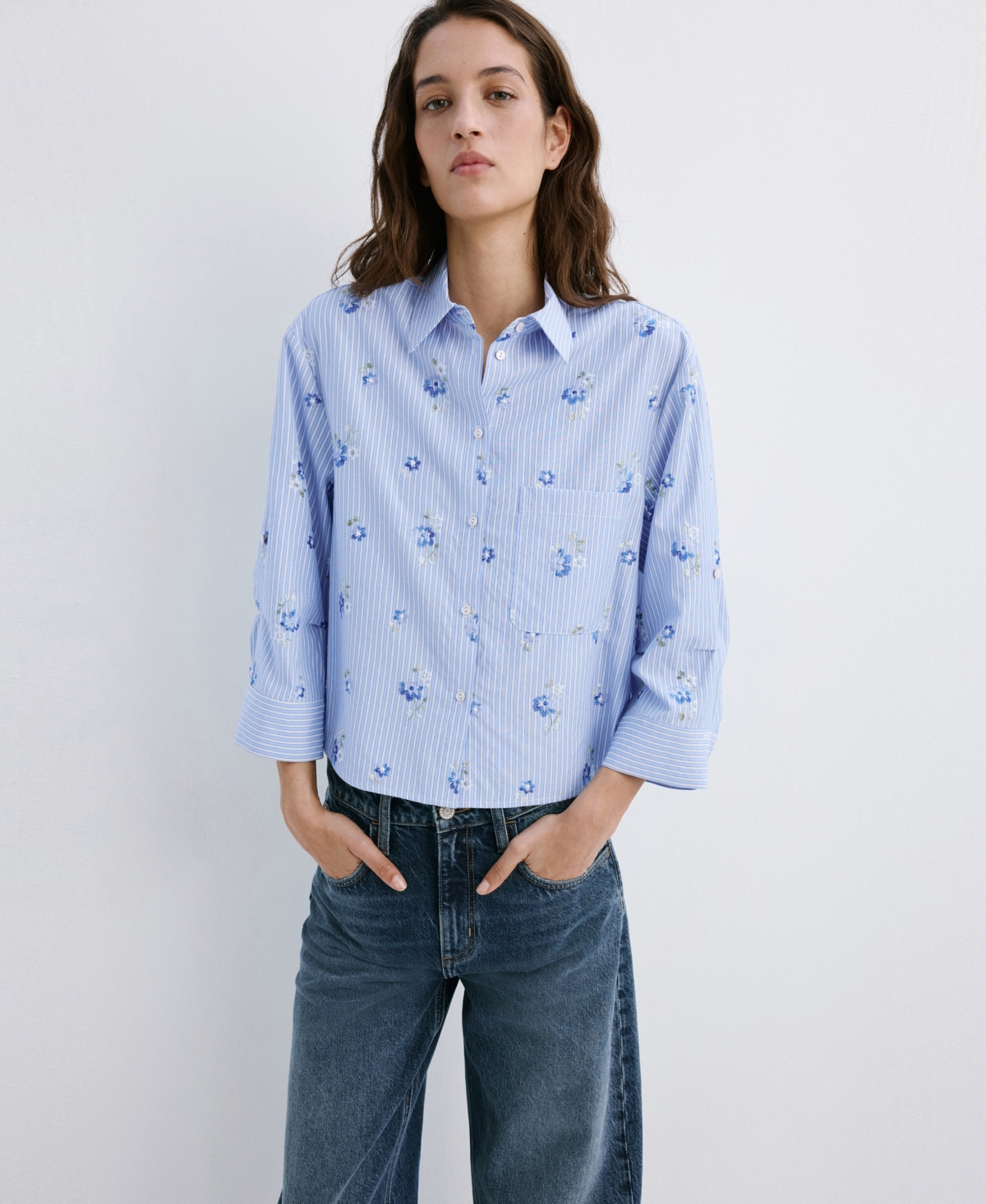 Click here for Mango Womens Flower Embroidered Striped Top - Sky... prices