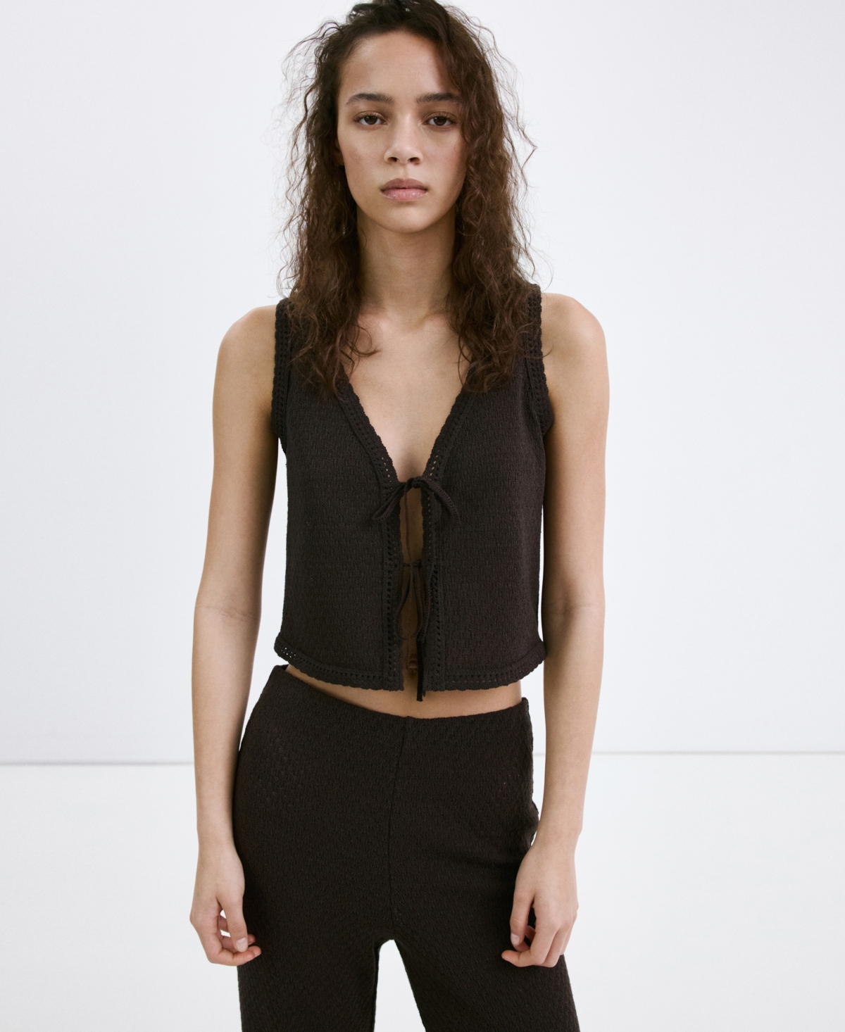 Click here for Mango Womens Bow Tie Waistcoat Top - Chocolate prices