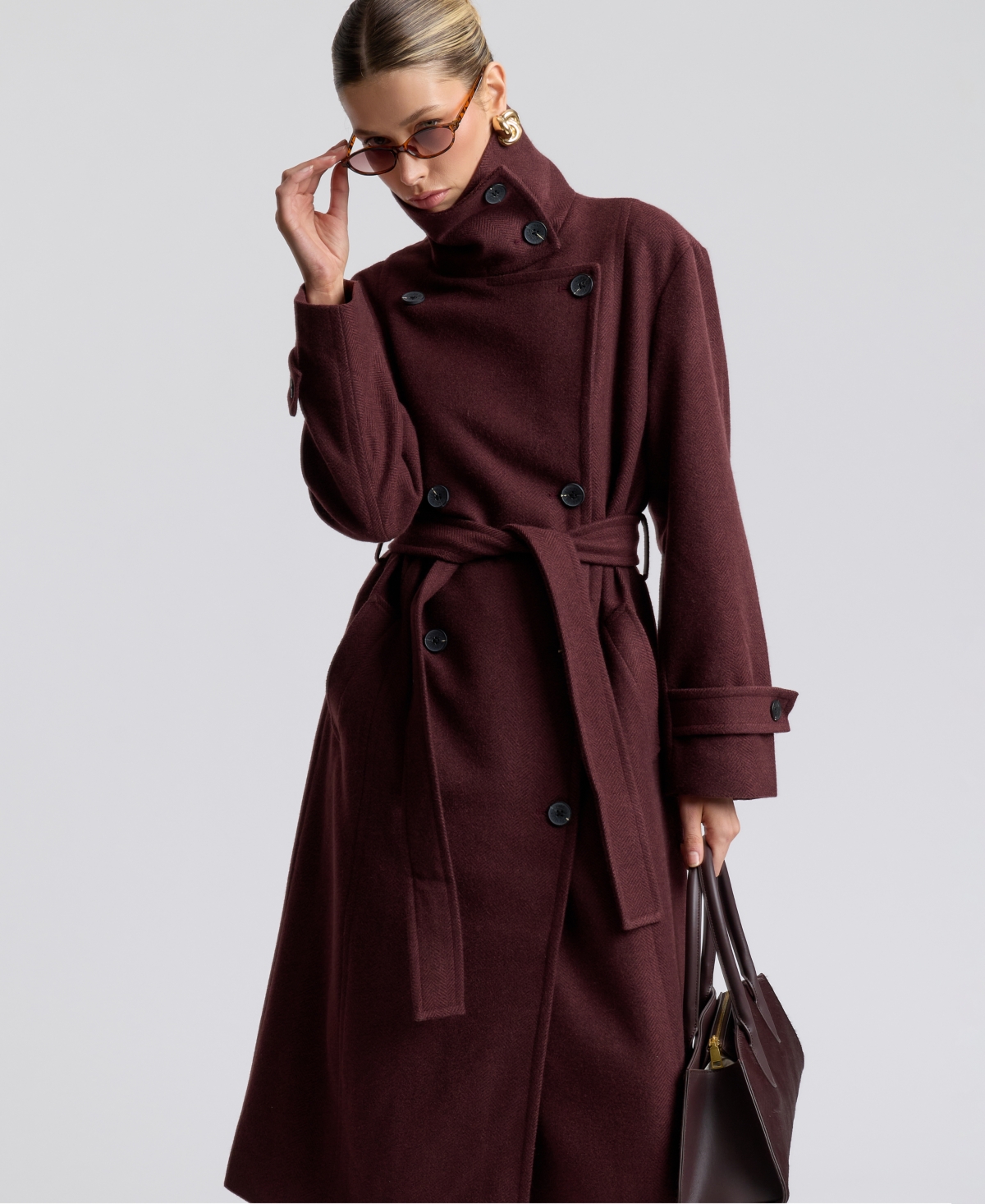 Click here for Avec Les Filles Womens Funnel Neck Belted Coat - R... prices