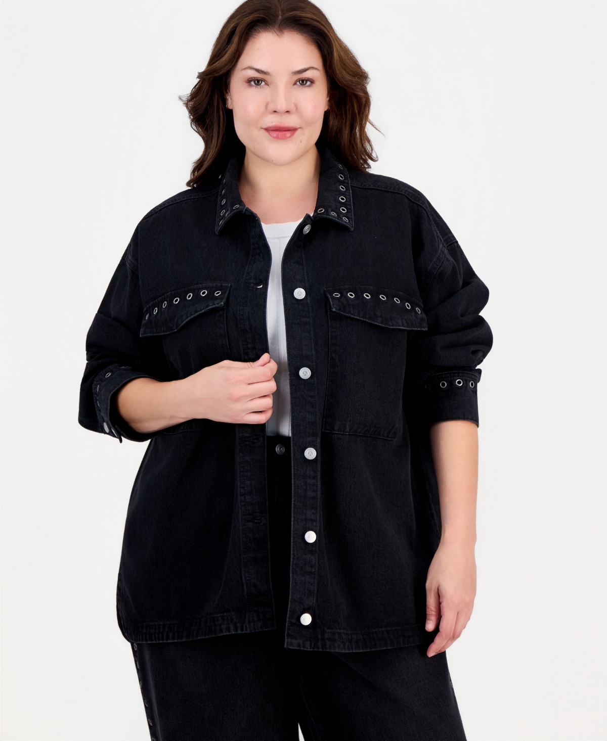 Click here for And Now This Trendy Plus Size Grommet Denim Shirt... prices