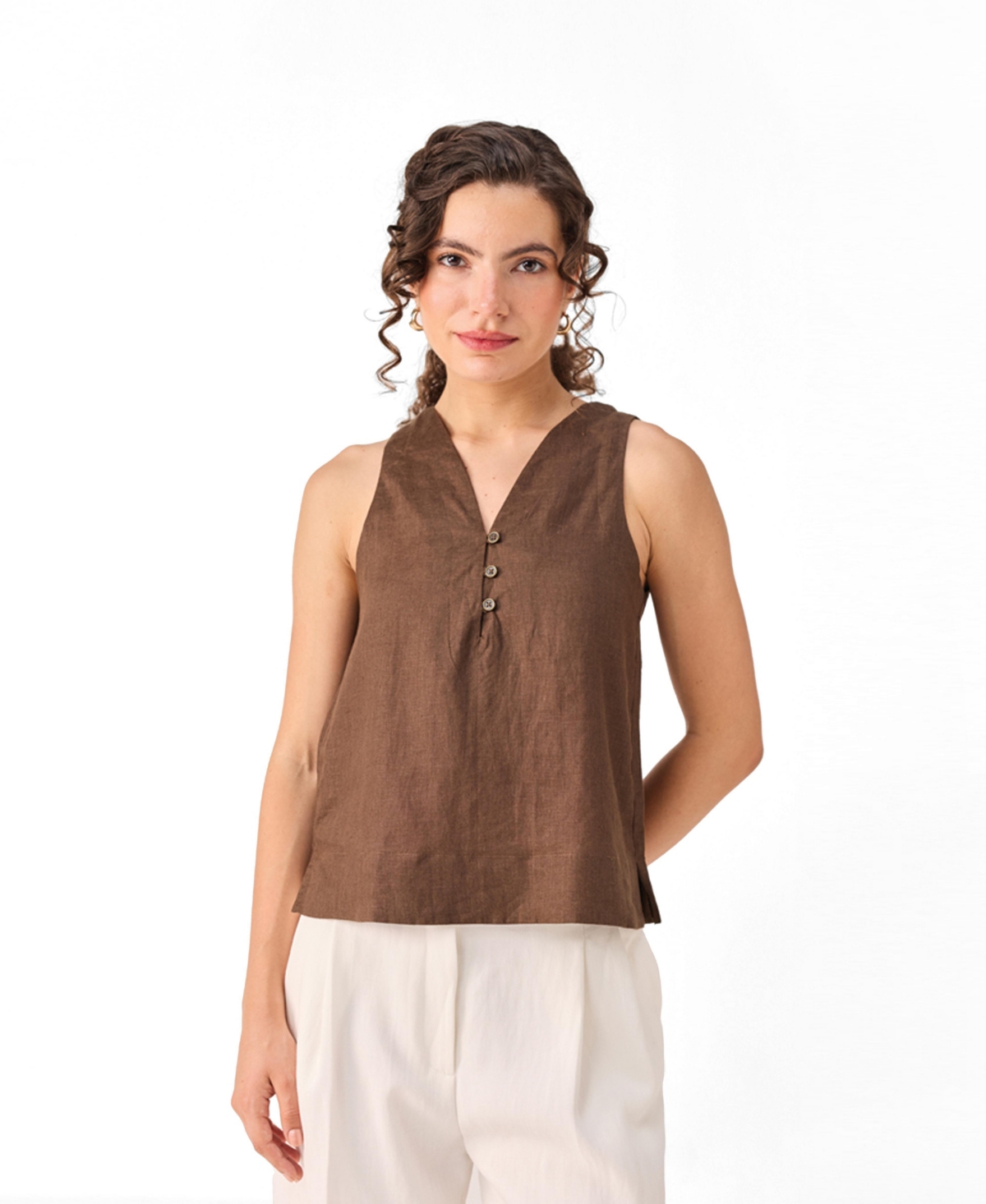 Click here for Reistor Womens Button Neck Top - Chocolate brown prices