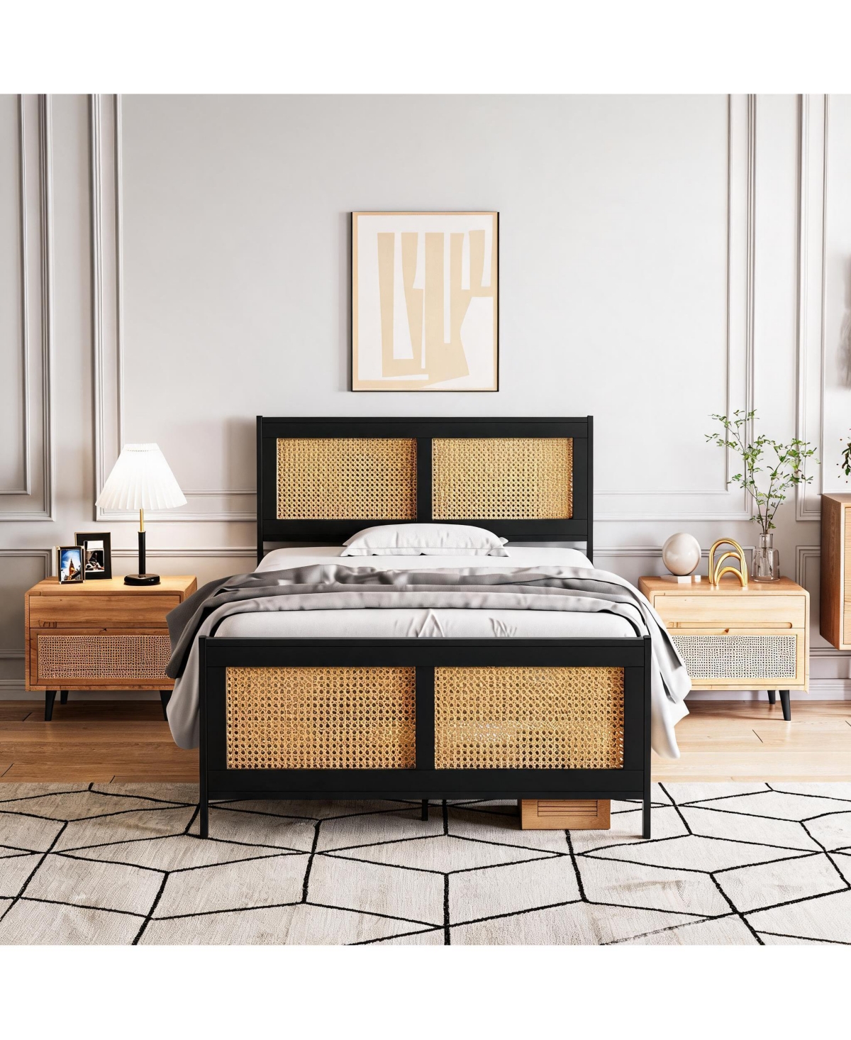 Click here for homfan Bed Frame with Rattan Headboard and Footboa... prices