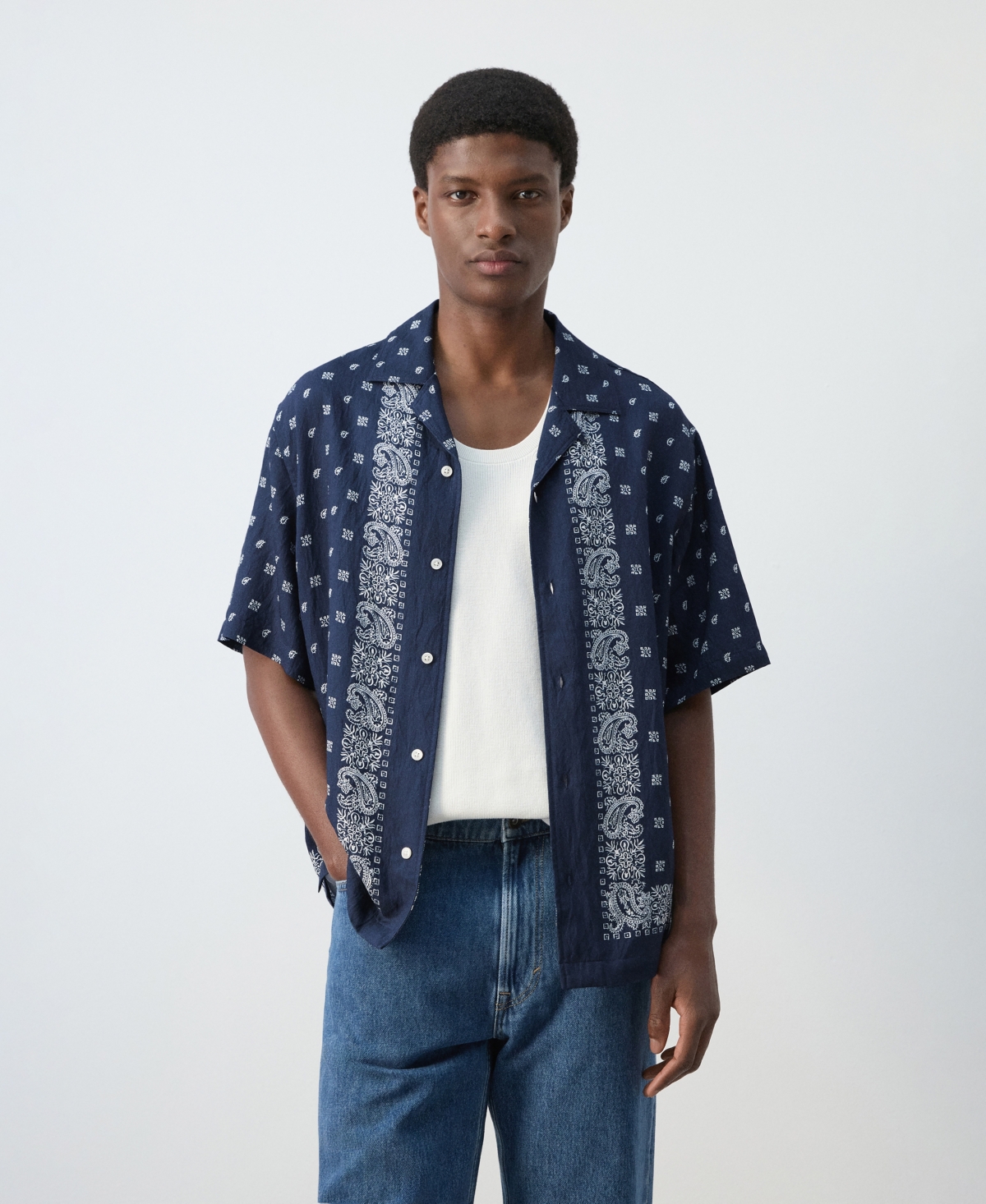 Click here for Mango Mens Printed Fluid Regular-Fit Shirt - Navy prices