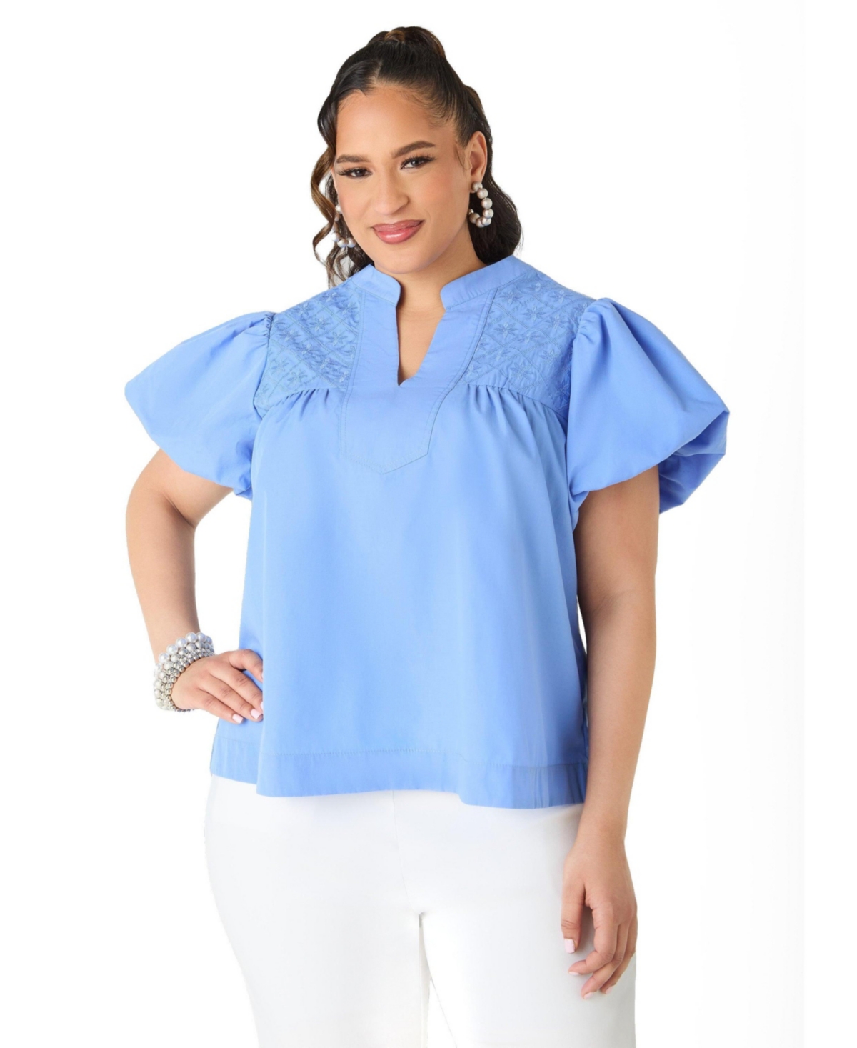 Click here for Ashley Stewart Plus Size Puff Sleeve Embroidered W... prices