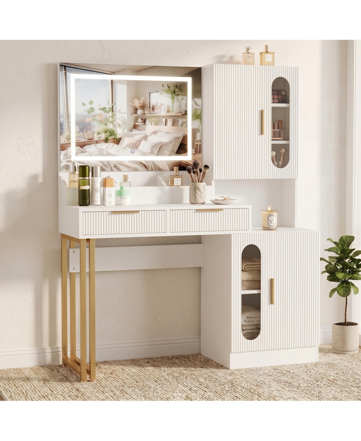 Click here for homfan Modern Fluted Vanity Desk with Led Mirror... prices