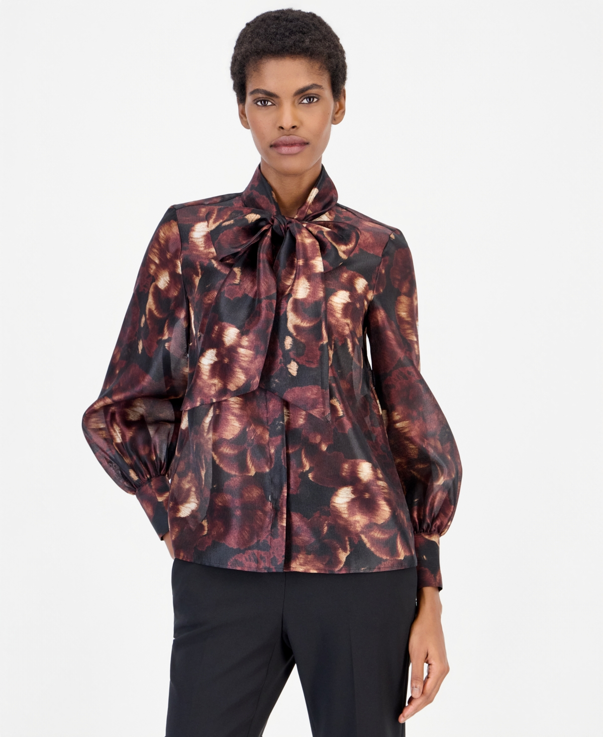 Click here for Anne Klein Womens Bow Neck Long Sleeve Floral Blou... prices