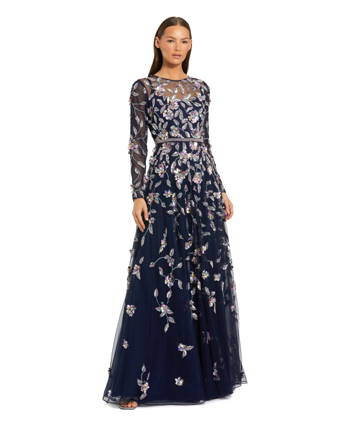 Click here for Mac Duggal Petite Long Sleeve Mesh Gown with Beade... prices