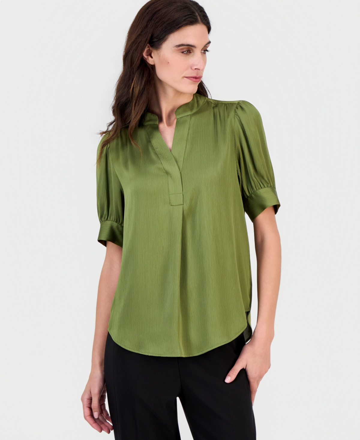 Click here for Anne Klein Womens Split-Neck Puffed-Sleeve Top - B... prices