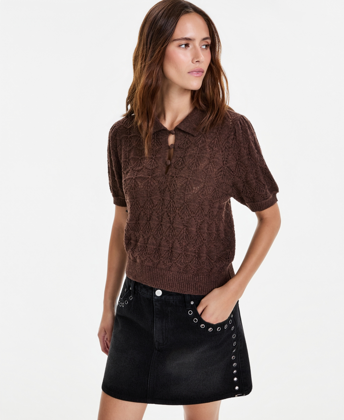 Click here for And Now This Womens Pointelle-Knit Short-Sleeve Po... prices