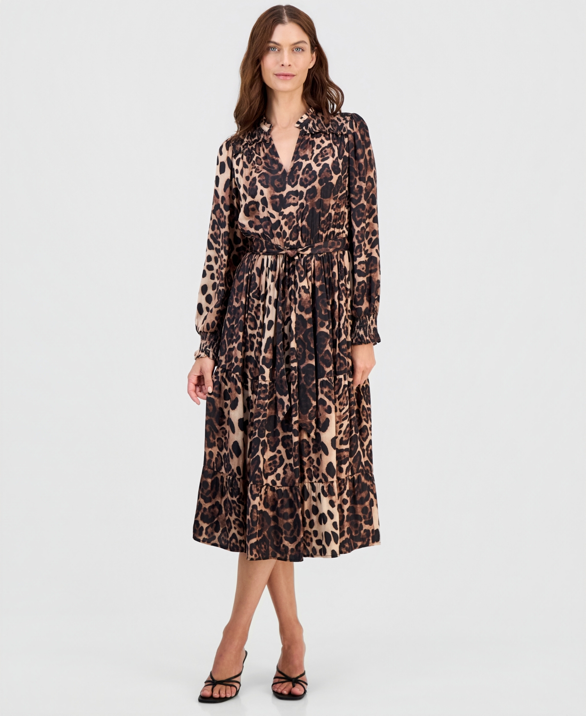 Click here for T Tahari Womens Printed Tie-waist Smocked-Cuff Mid... prices