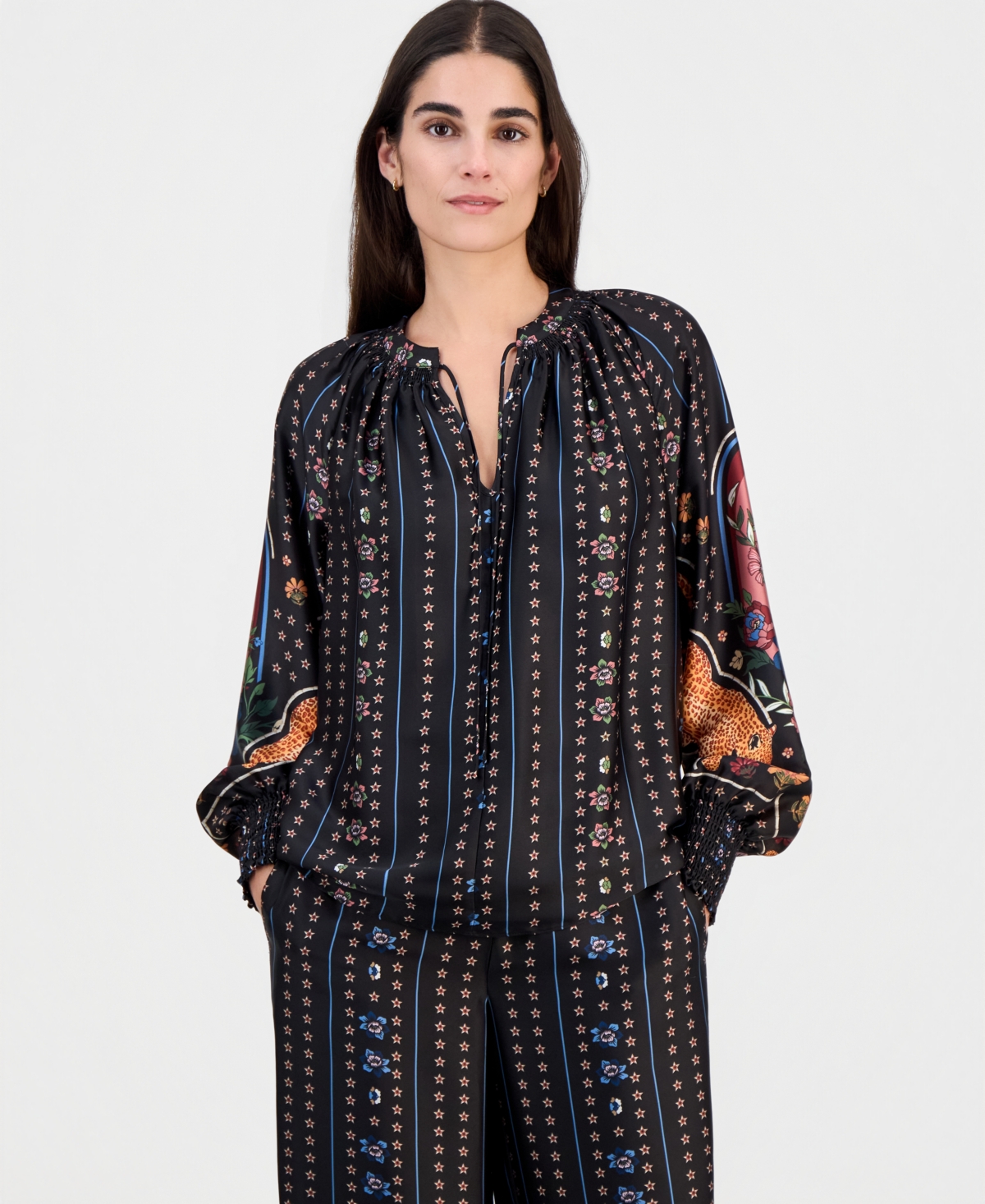 Click here for T Tahari Womens Printed Split-Neck Smocked Blouse... prices
