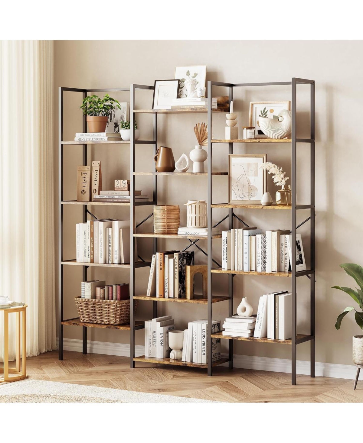 Click here for gaomon Triple Column 5-Tier Bookshelf  Rustic Indu... prices