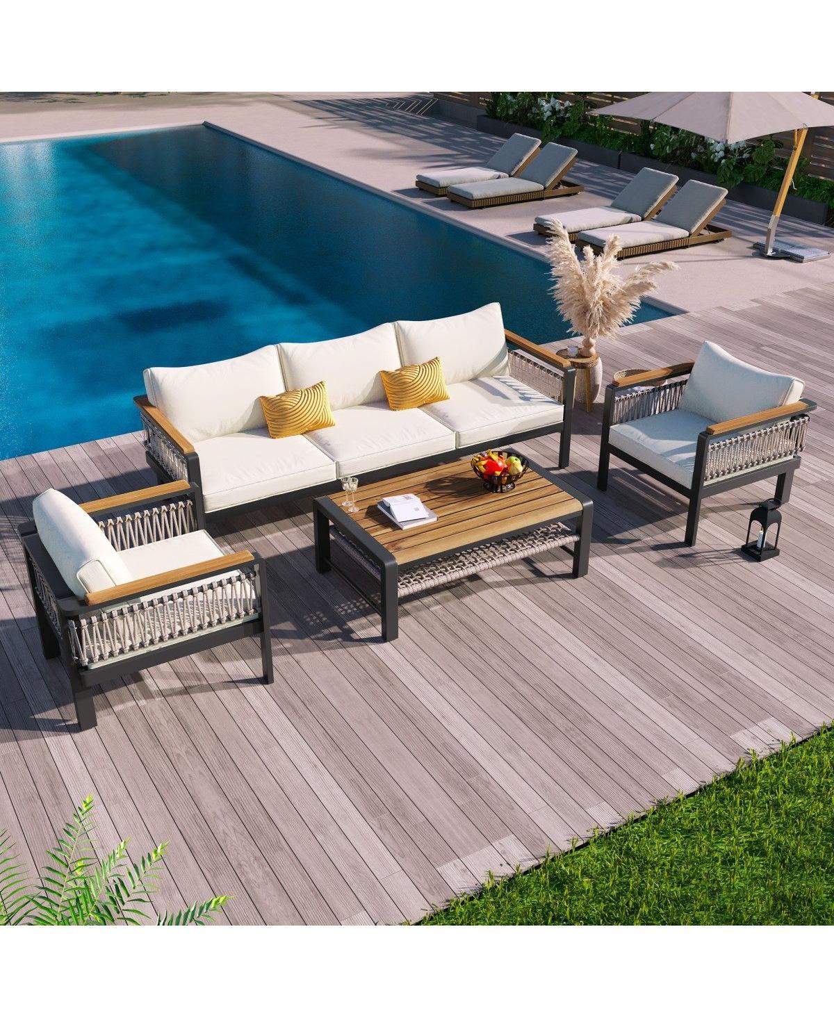 Click here for Asagikoiai 4 Piece Outdoor Sectional Sofa Set with... prices