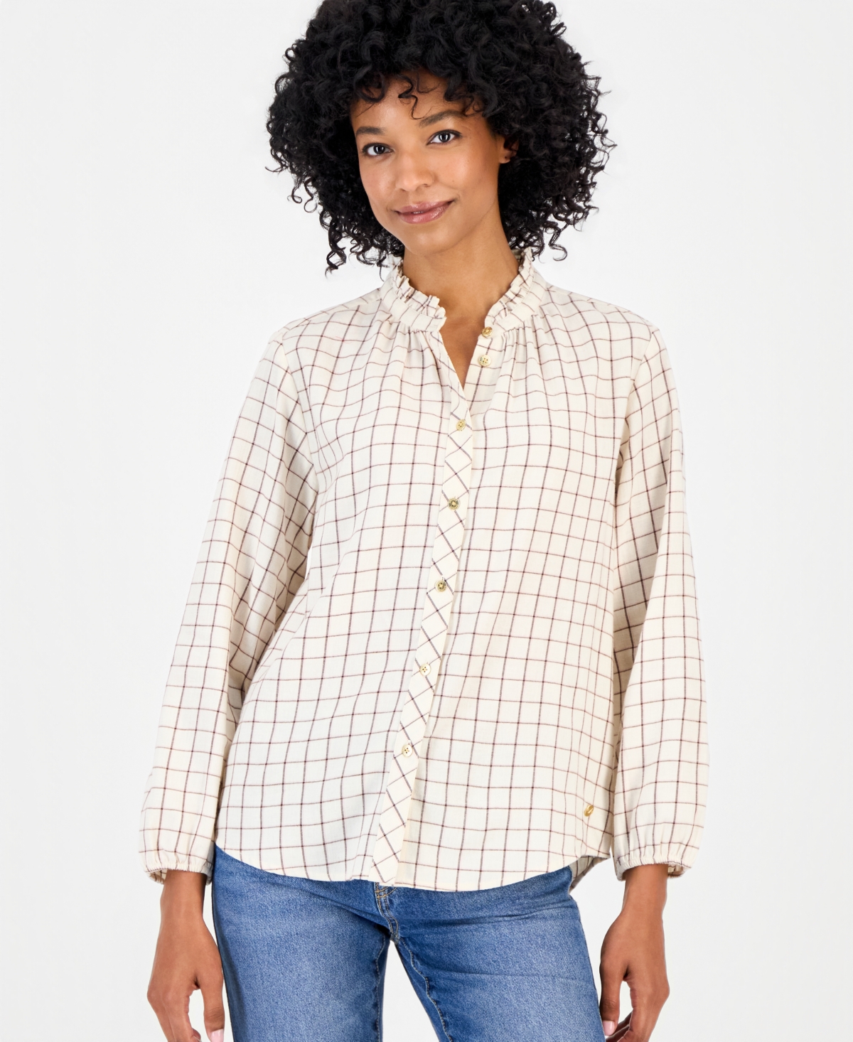 Click here for Nautica Womens Cotton Puff-Sleeve Flannel Shirt -... prices