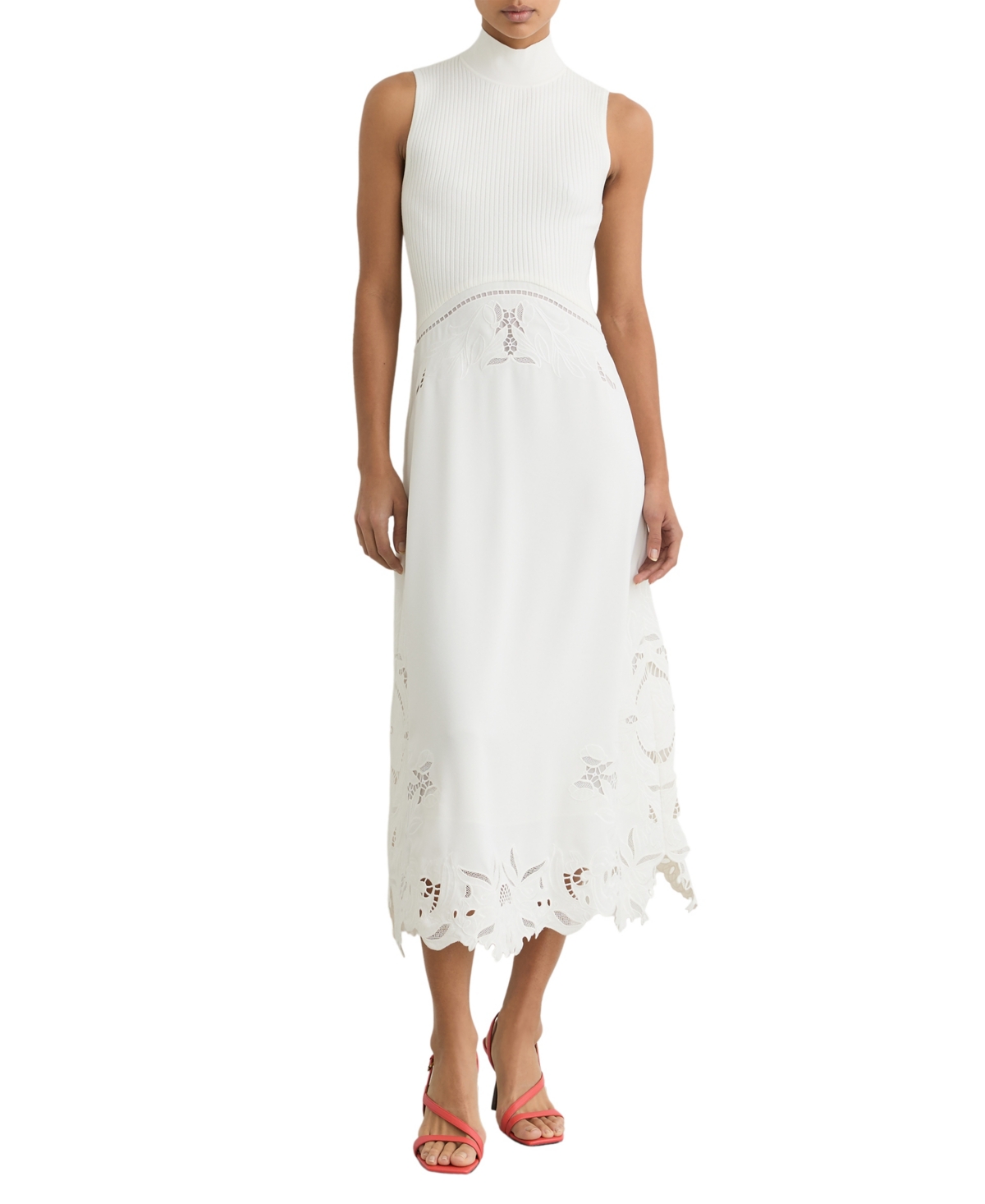 Click here for Reiss Womens Rib-Knit Mix Broderie Midi Dress - Iv... prices