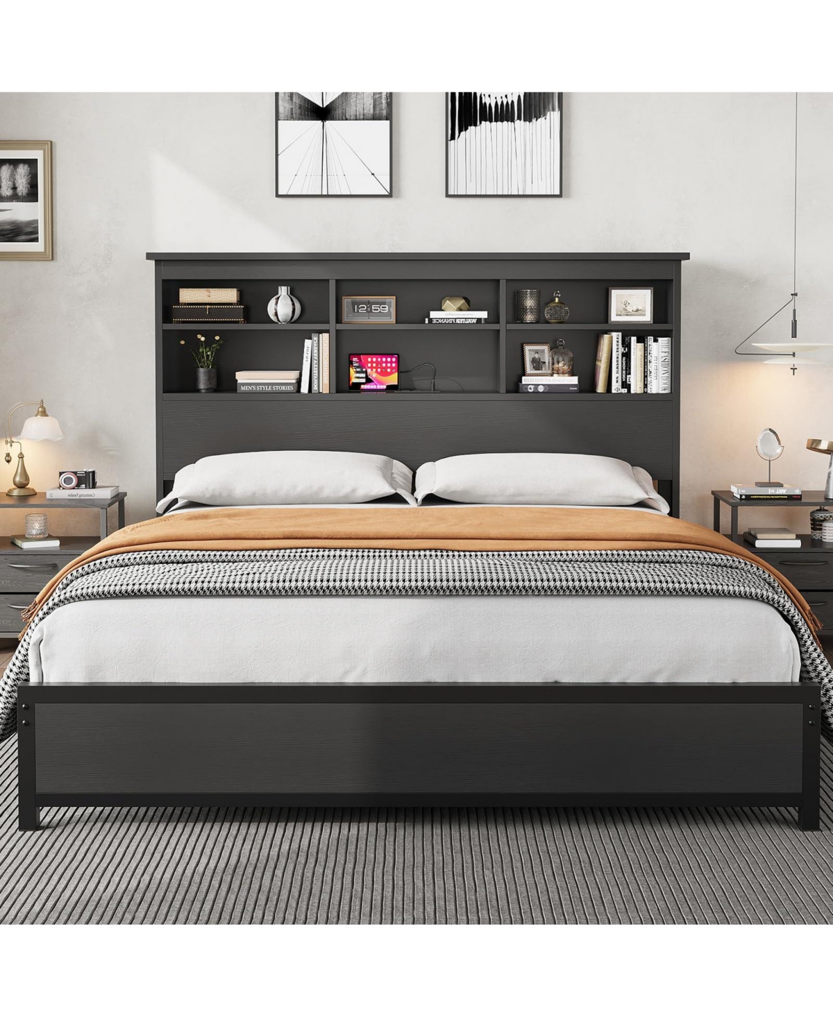 Click here for homfan King Size Wooden Bed Frame with Tall Bookca... prices
