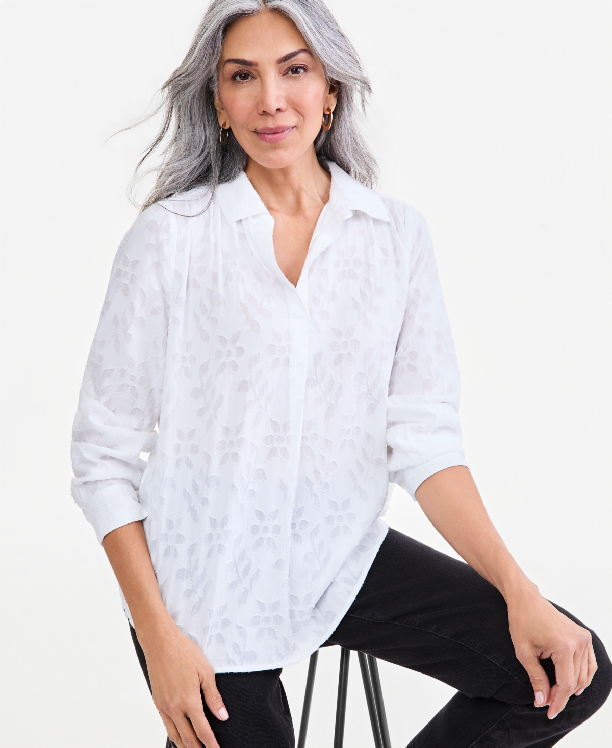 Click here for Style & Co Womens Printed Jacaurd Long-Sleeve Popo... prices