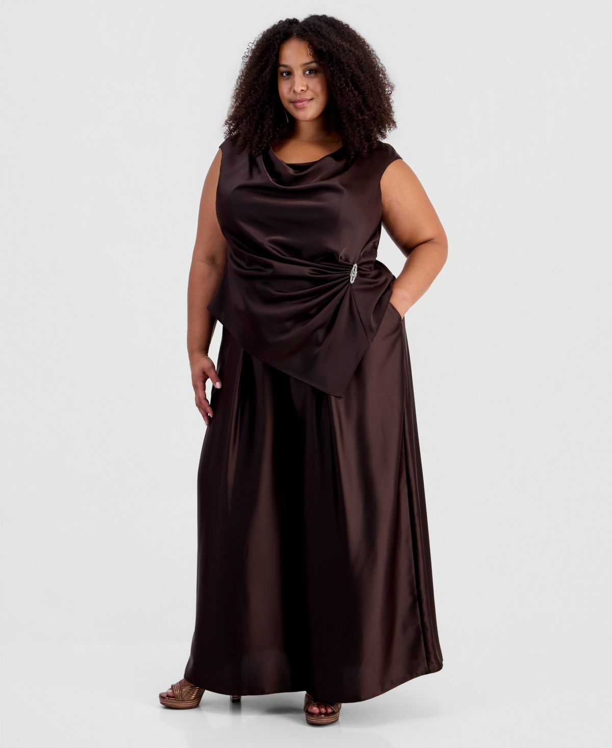 Click here for Muse Plus Size Asymmetrical Draped Top - Java Brow... prices