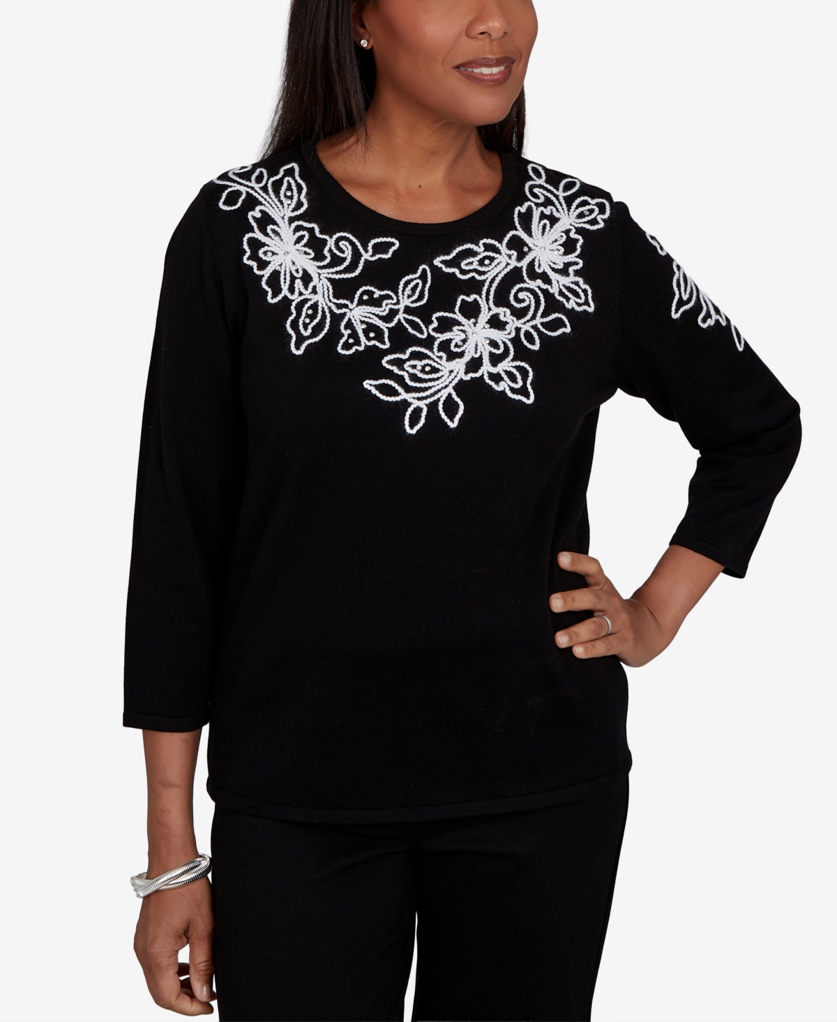 Click here for Alfred Dunner Womens Floral Scroll Soutache Sweate... prices